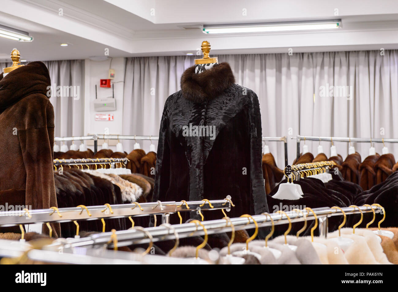GREECE - APR 22, 2016: Fur coat shop at the factory of Papandopulos in ...