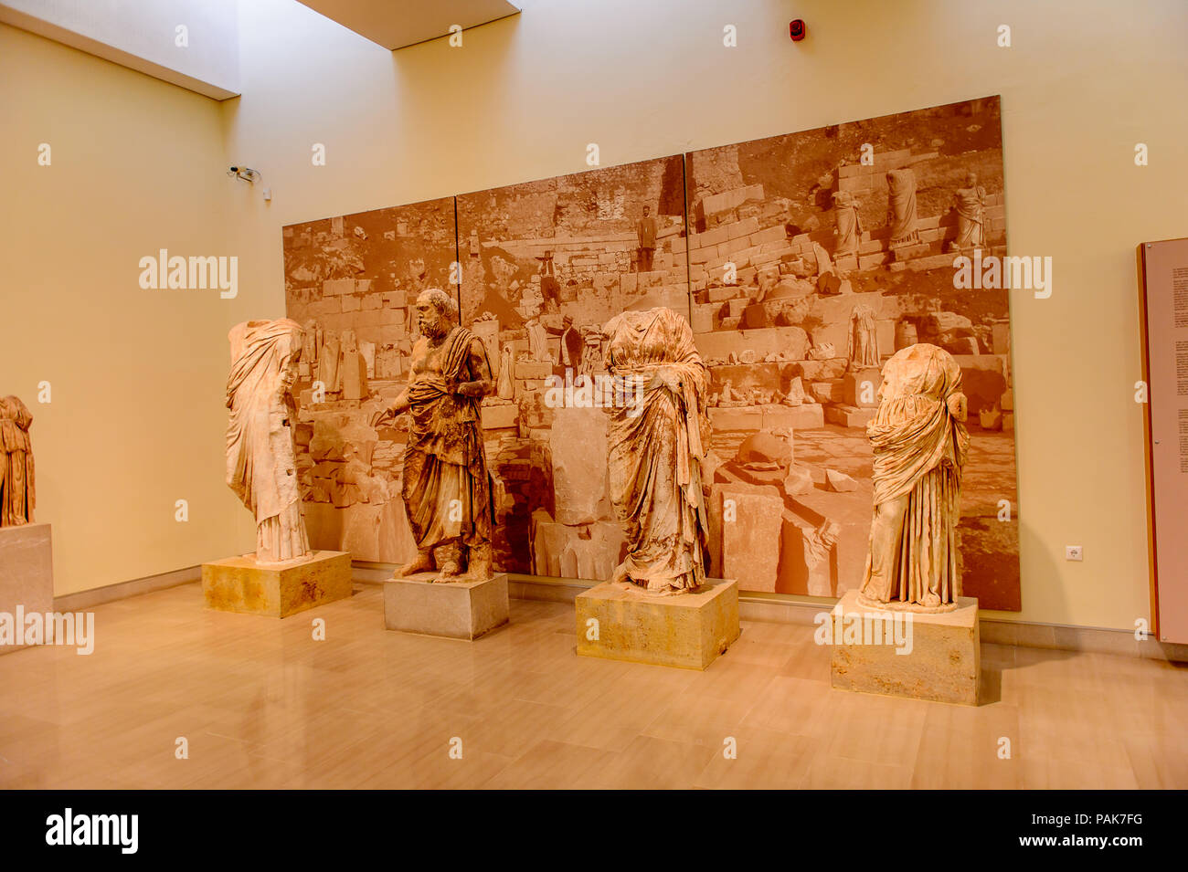 DELPHI, GREECE -APR 23, 2016: Statues at the Archaeological museum in ...
