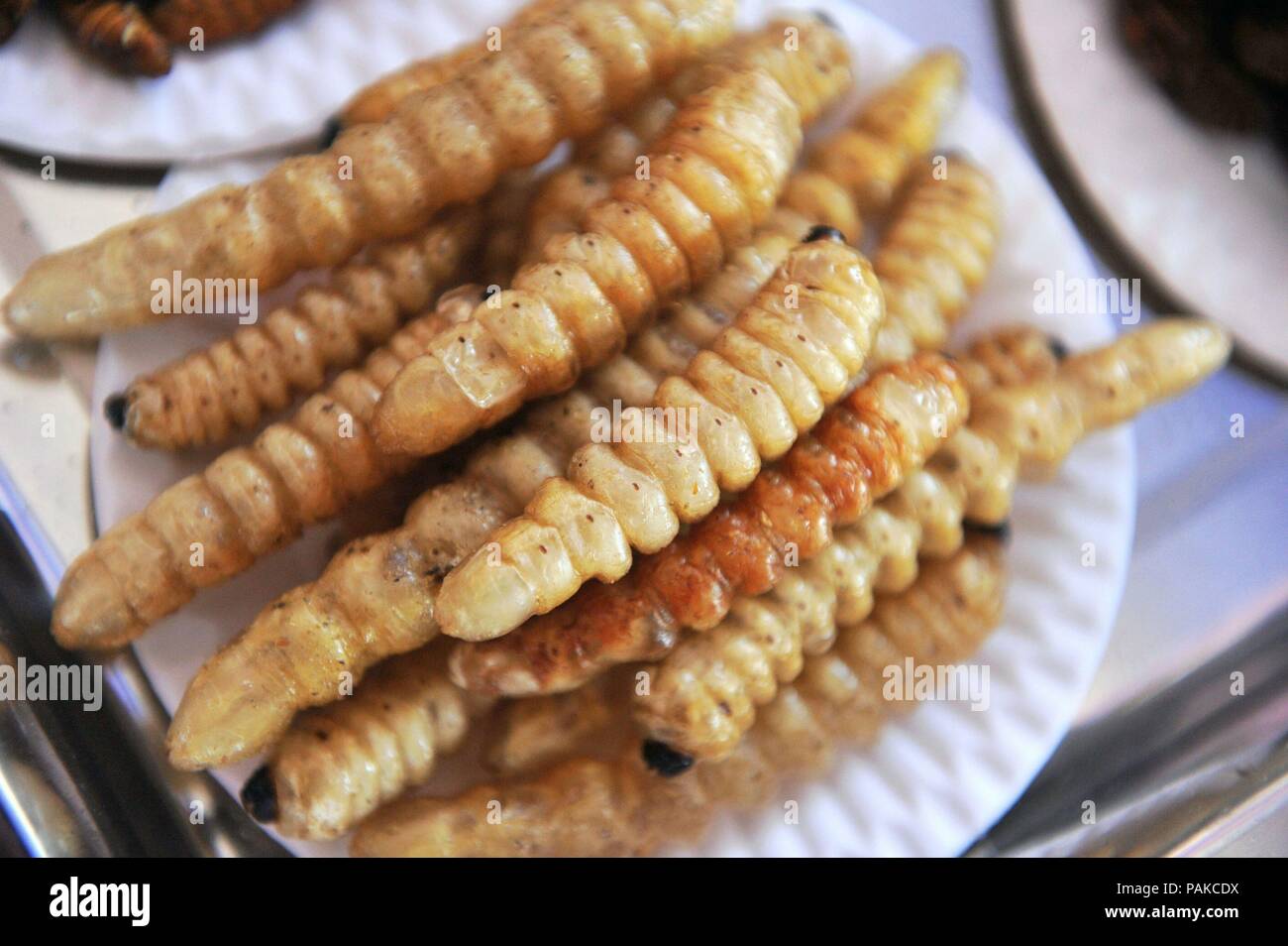 China. 24th July, 2018. Qingdao, CHINA-Fried insects including ...