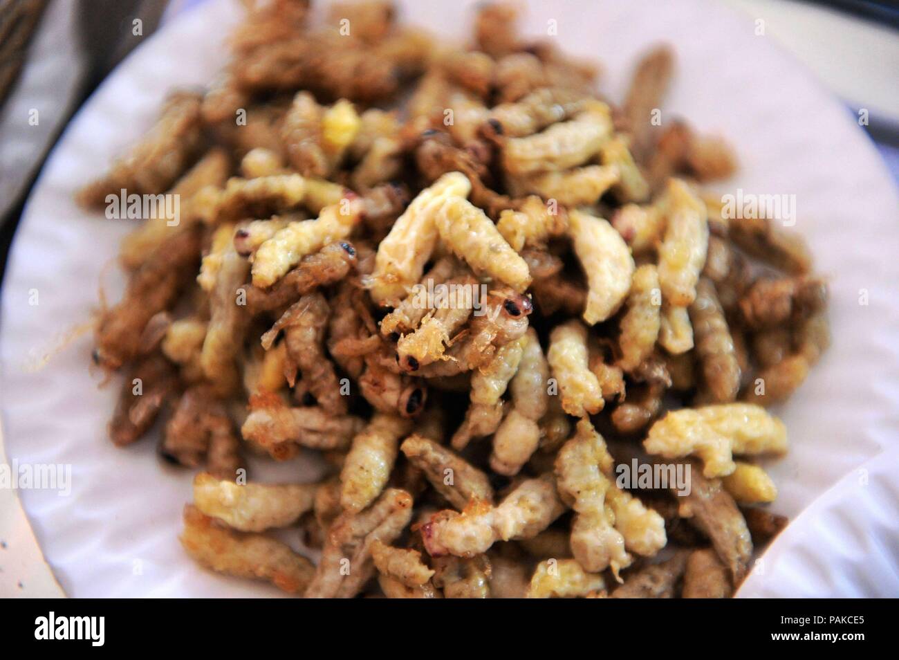 China. 24th July, 2018. Qingdao, CHINA-Fried insects including ...