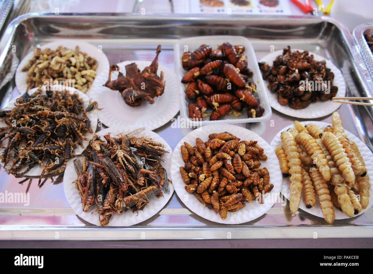 China. 24th July, 2018. Qingdao, CHINA-Fried insects including ...