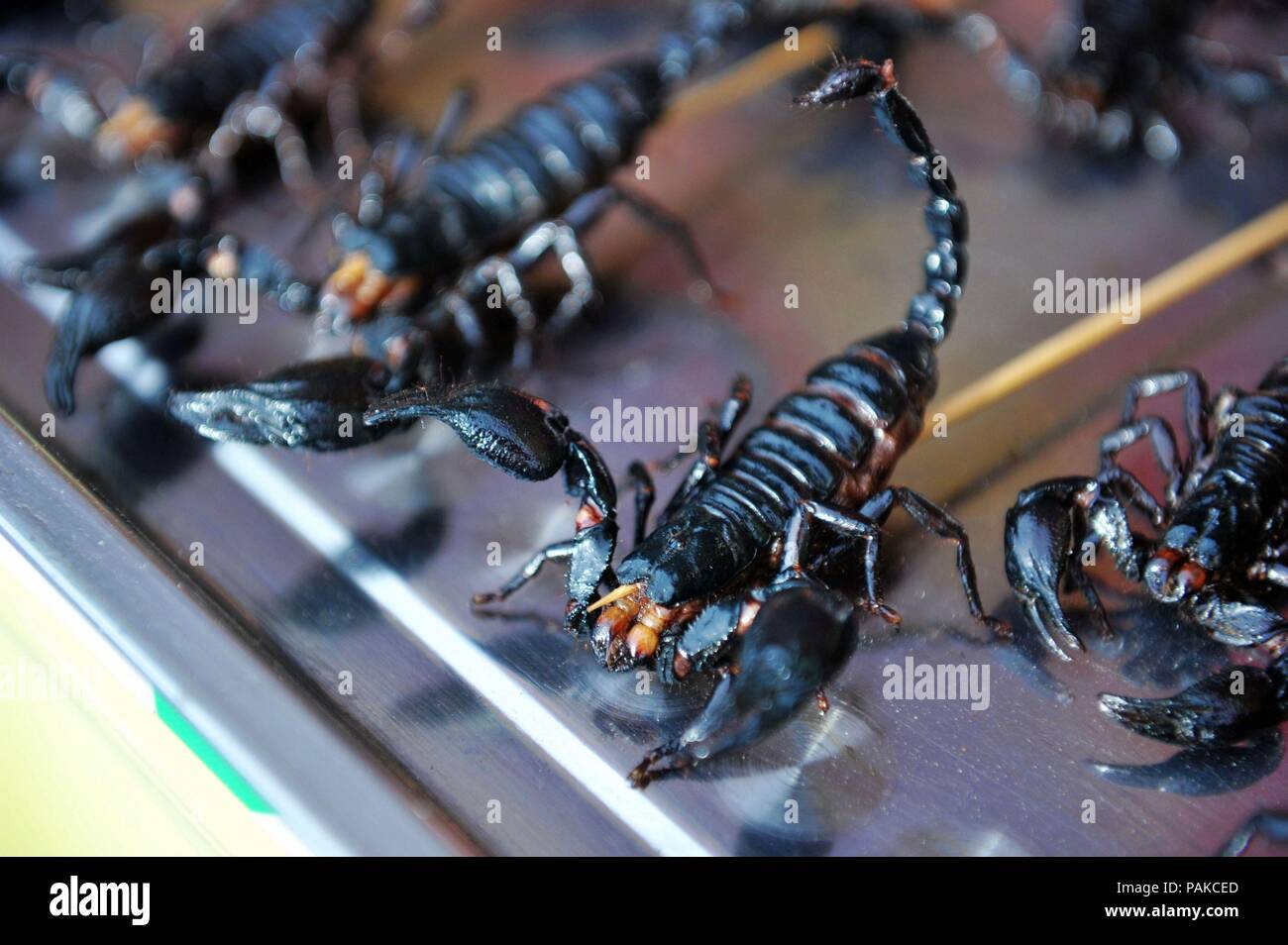 China. 24th July, 2018. Qingdao, CHINA-Fried insects including ...