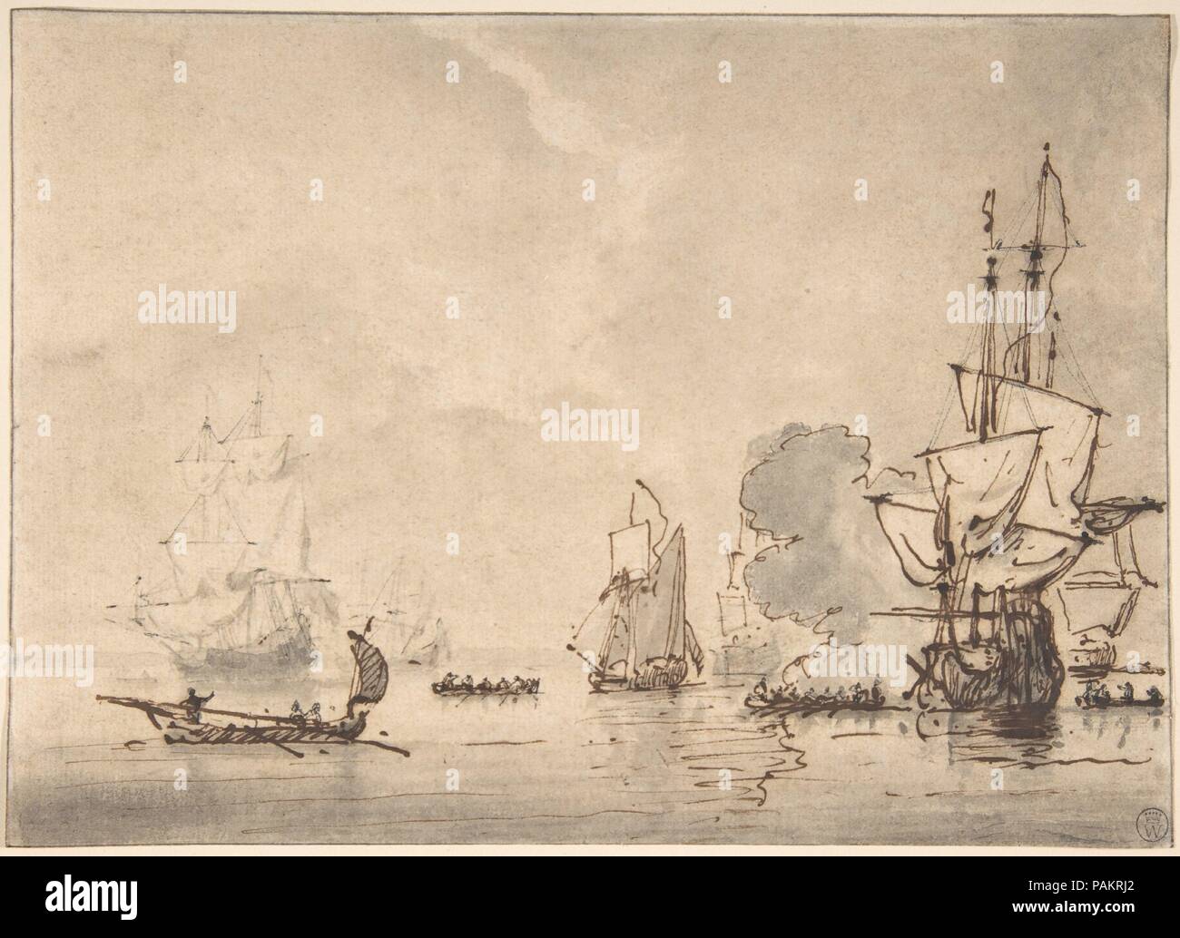 A Frigate at Anchor, Saluting a Nearby Yacht. Artist: Willem van de ...