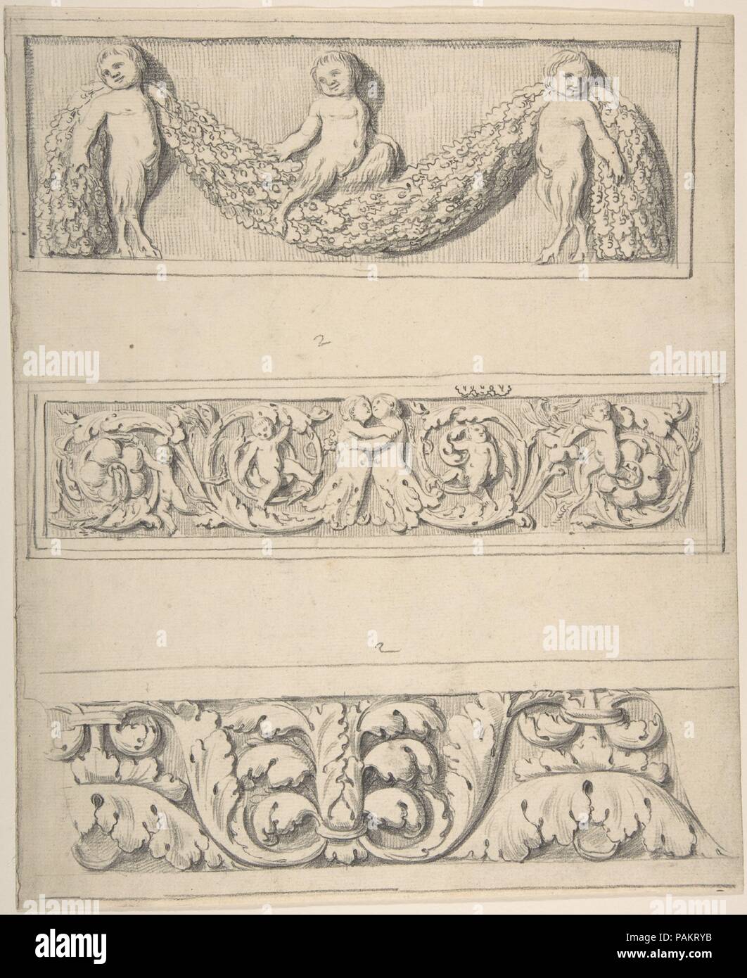 Three Frieze Designs with Young Satyrs, Leaves, Vines, and Putti ...