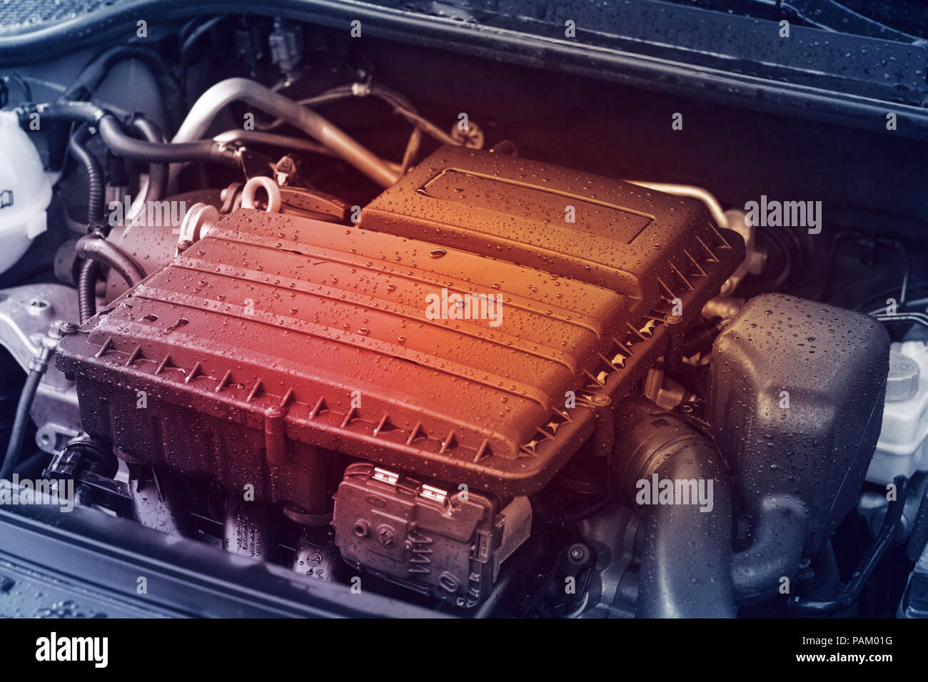 Close-up, clean engine with red light, engine overheating concept Stock ...