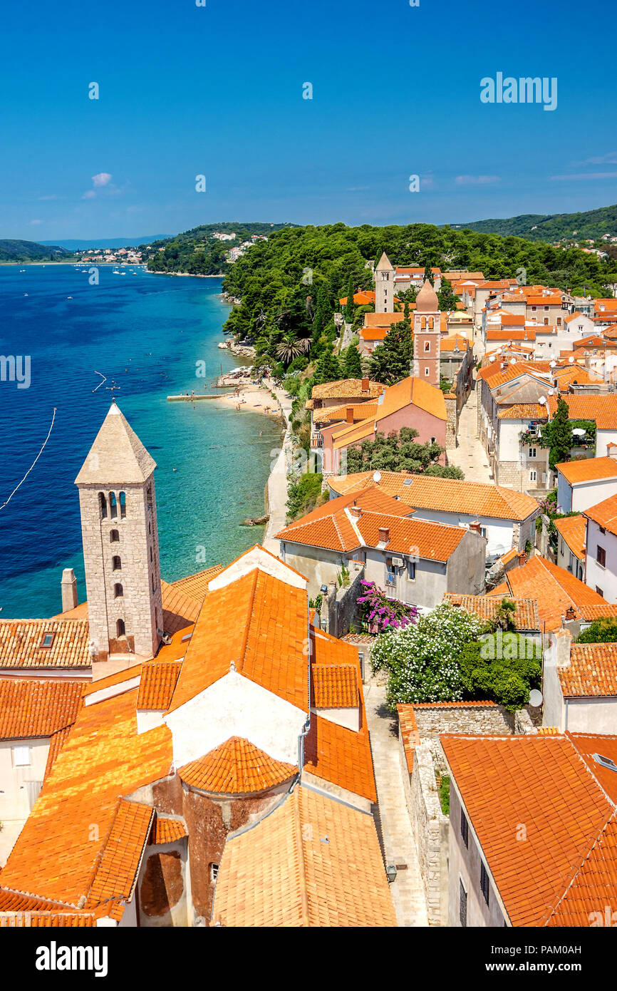 View of Rab town on Croatian island Rab from a tower of city cathedral ...