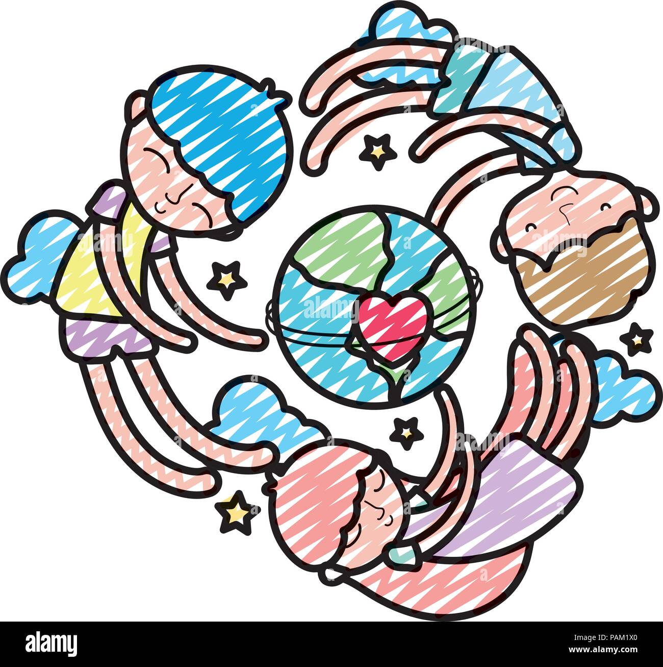 doodle children sleeping around earth planet with heart Stock Vector ...