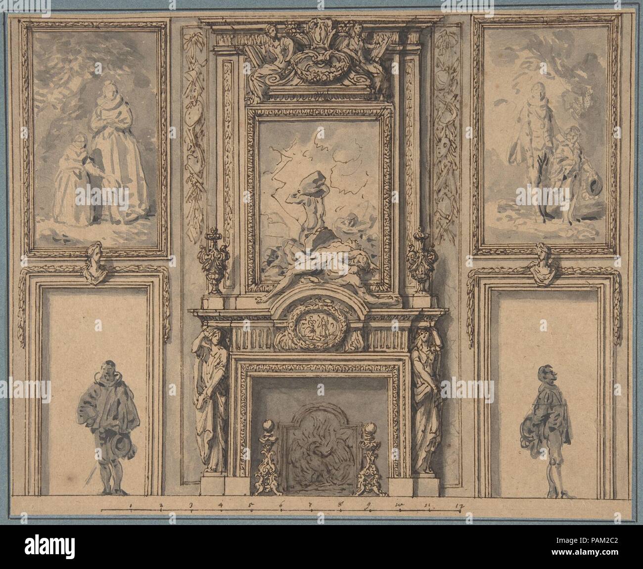 Design for a Wall Decoration with Chimneypiece and Two Figures. Artist ...