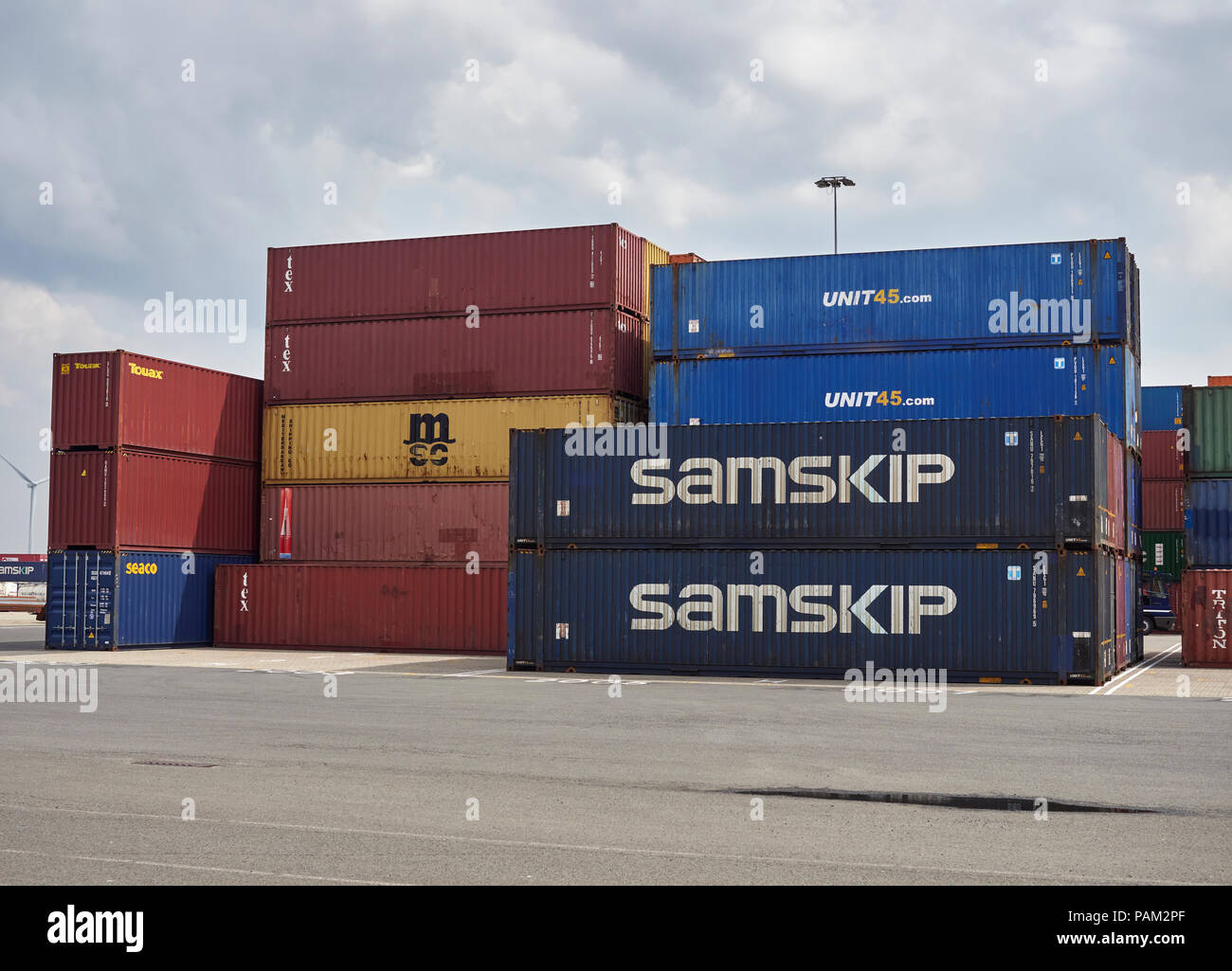 Large Containers awaiting loading onto a Vessel stacked up in separate ...