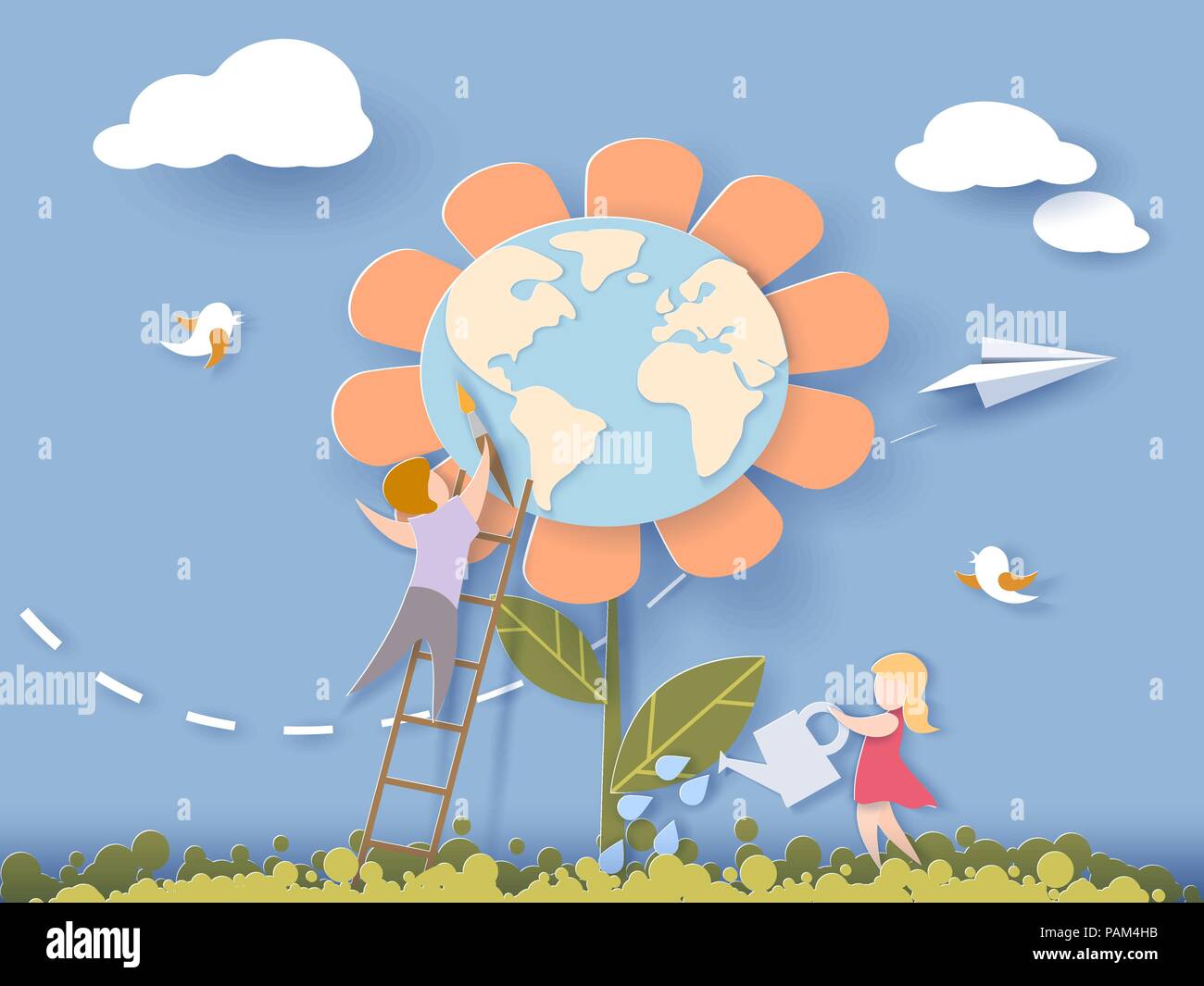 Children caring for the Earth flower with blue sky background. Save the ...