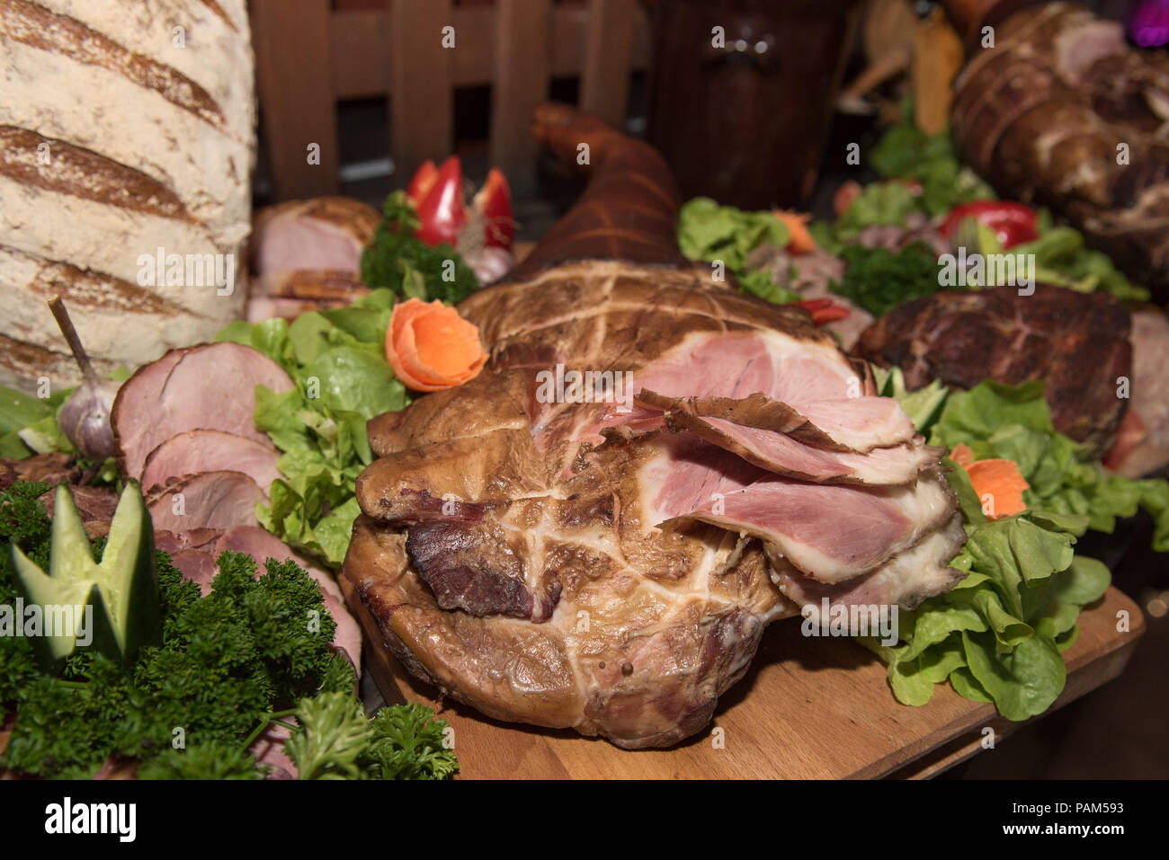 full table of traditional homemade sausage Stock Photo - Alamy