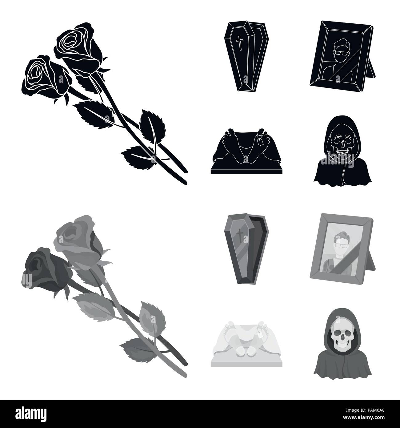 Coffin with a lid and a cross, a photograph of the deceased with a ...