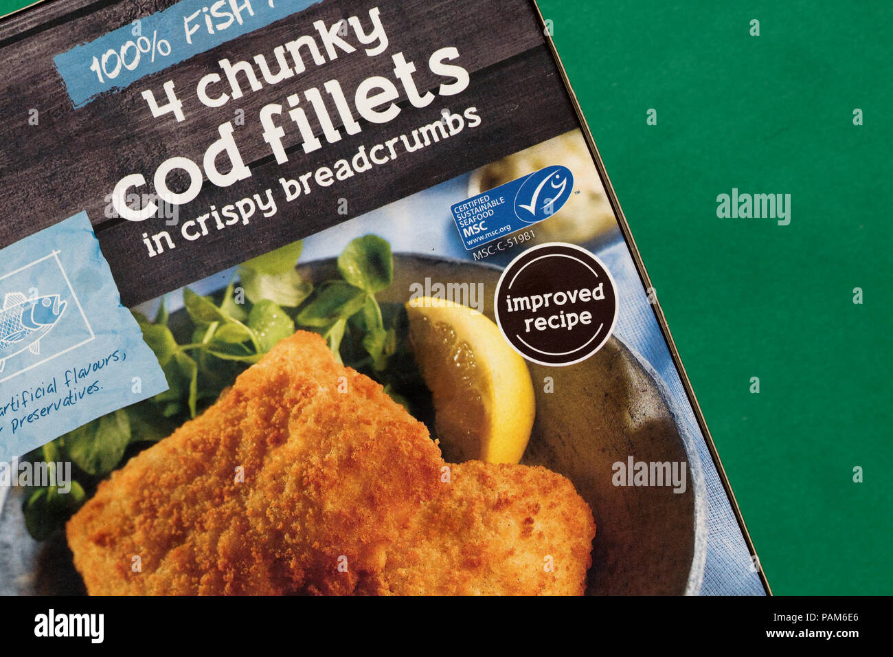 Cod fillets package with MSC certified sustainable food logo UK Stock ...