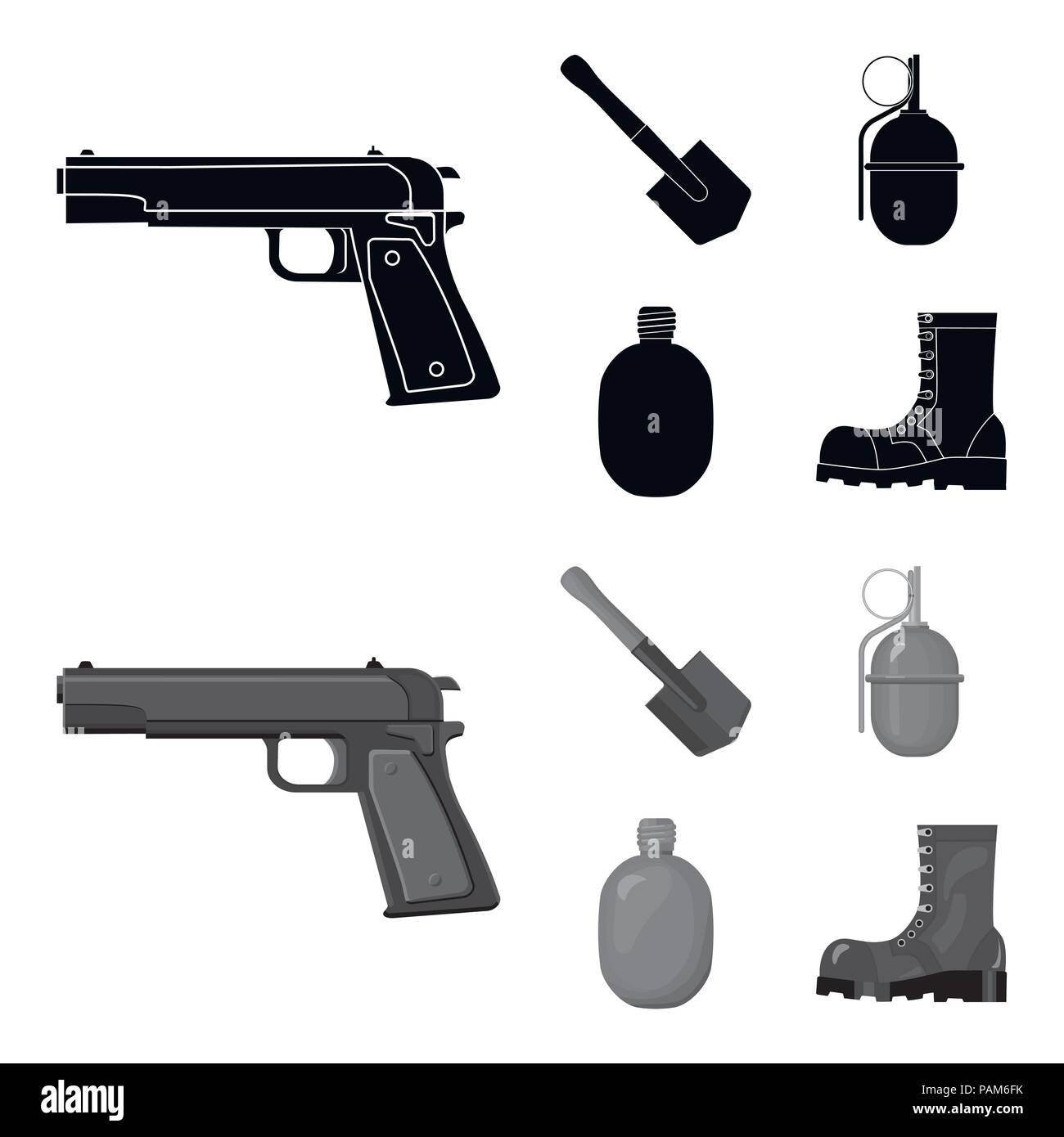 Sapper blade, hand grenade, army flask, soldier boot. Military and army ...