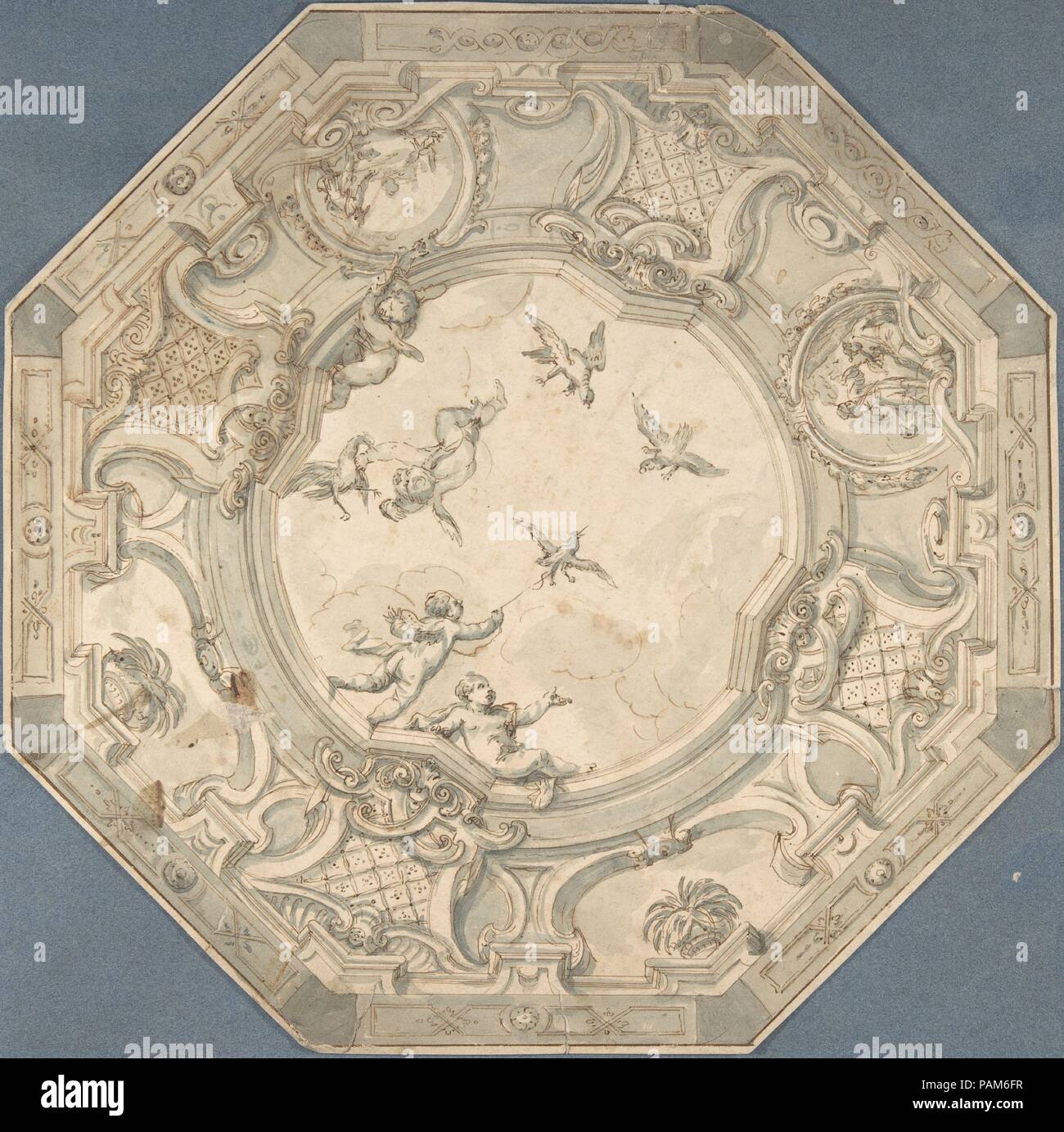 Octagonal Ceiling Design with Putti and Birds. Artist: Anonymous, Dutch ...