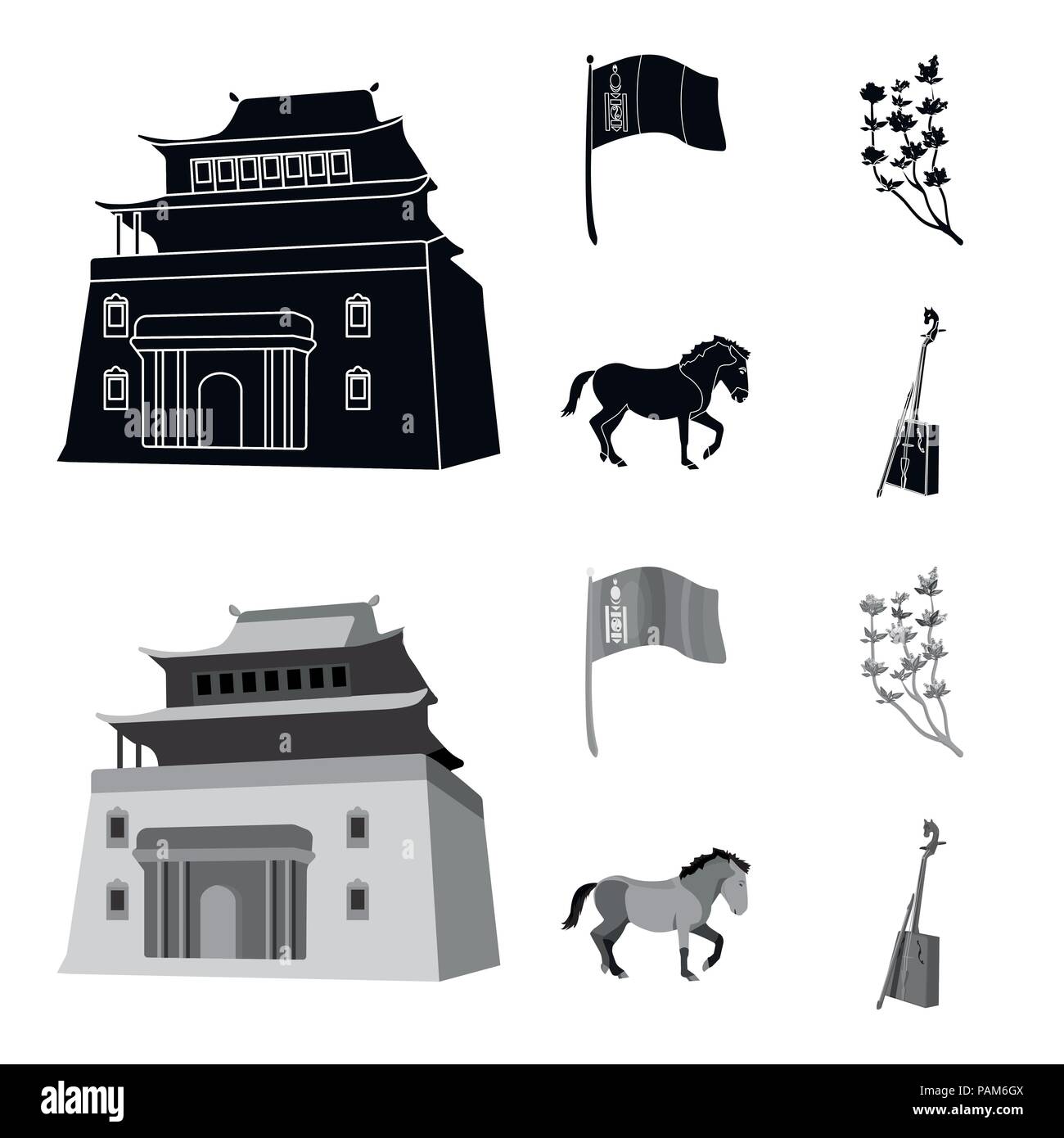 National flag, horse, musical instrument, steppe plant. Mongolia set ...
