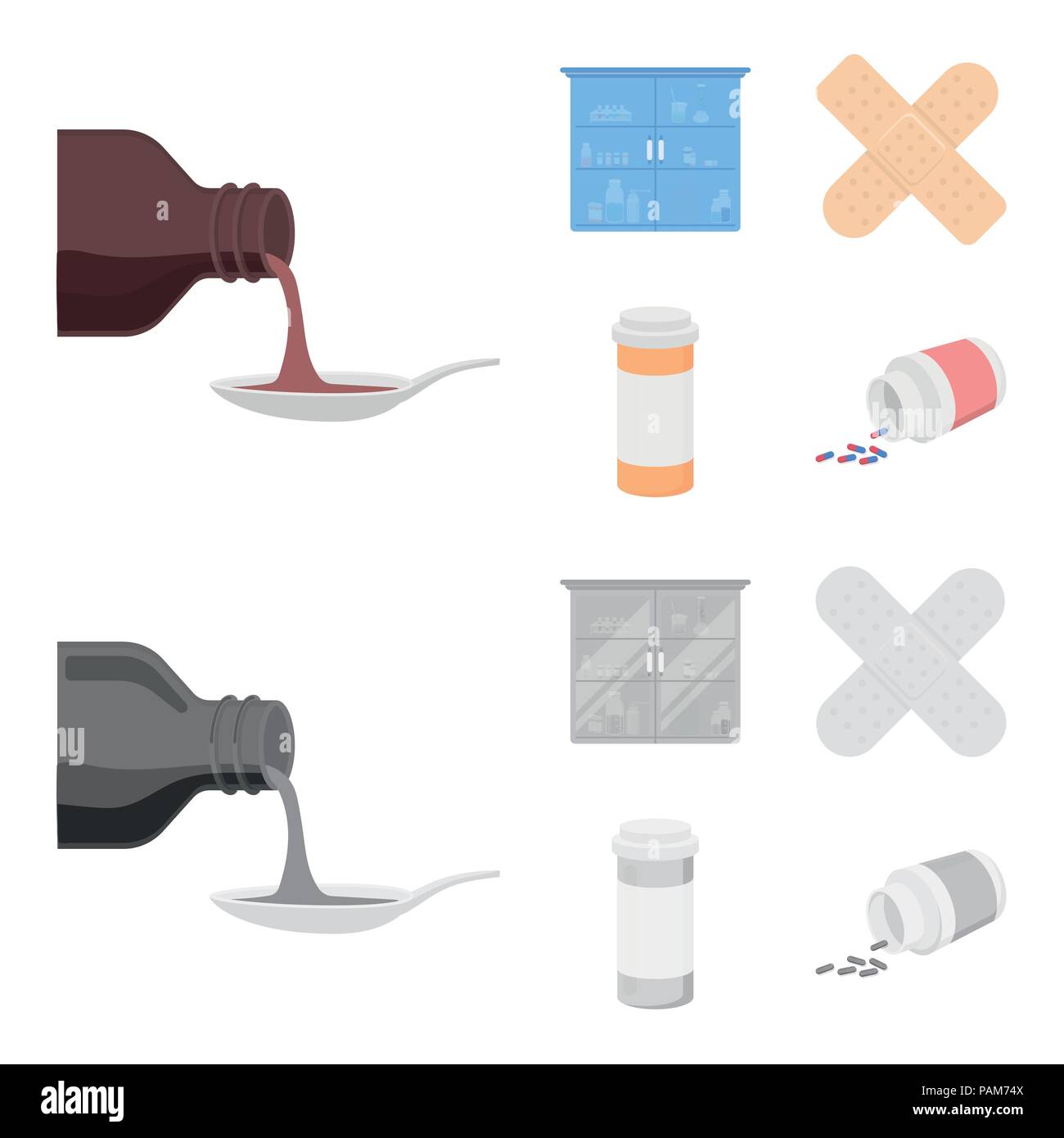 Syrup in a spoon, plaster, honey, medical cabinet.Medicine set ...