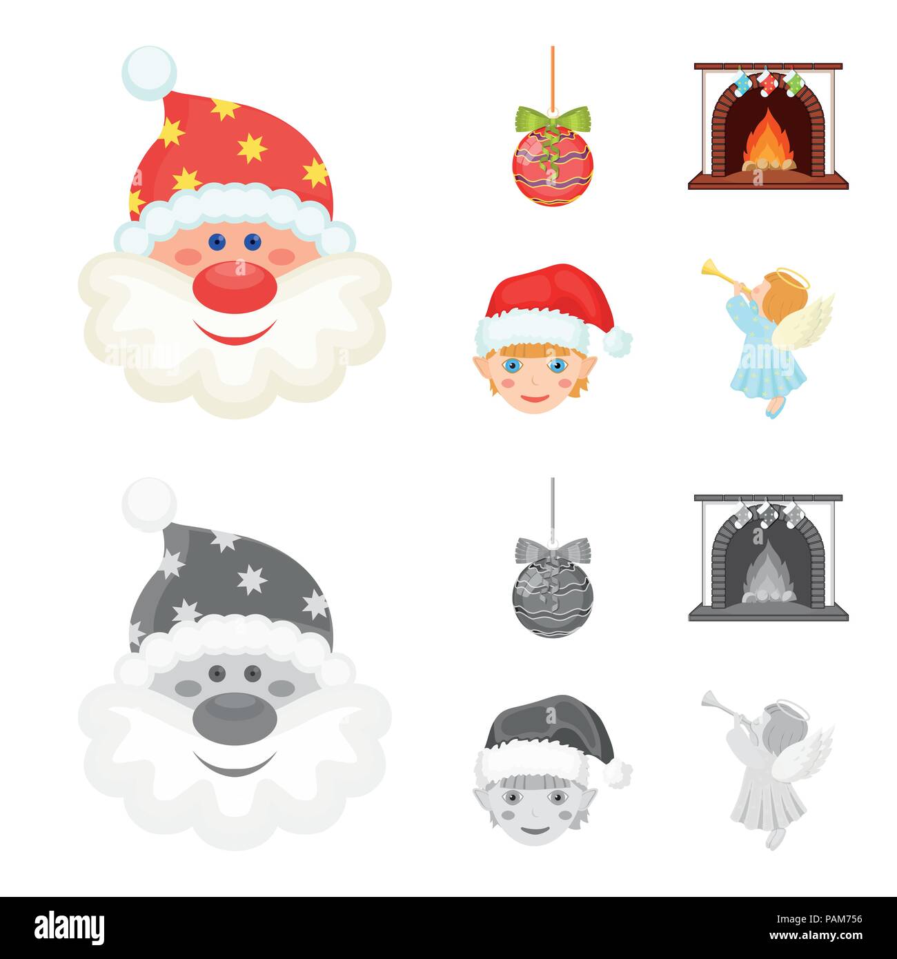 Santa Claus, dwarf, fireplace and decoration cartoon,monochrome icons ...