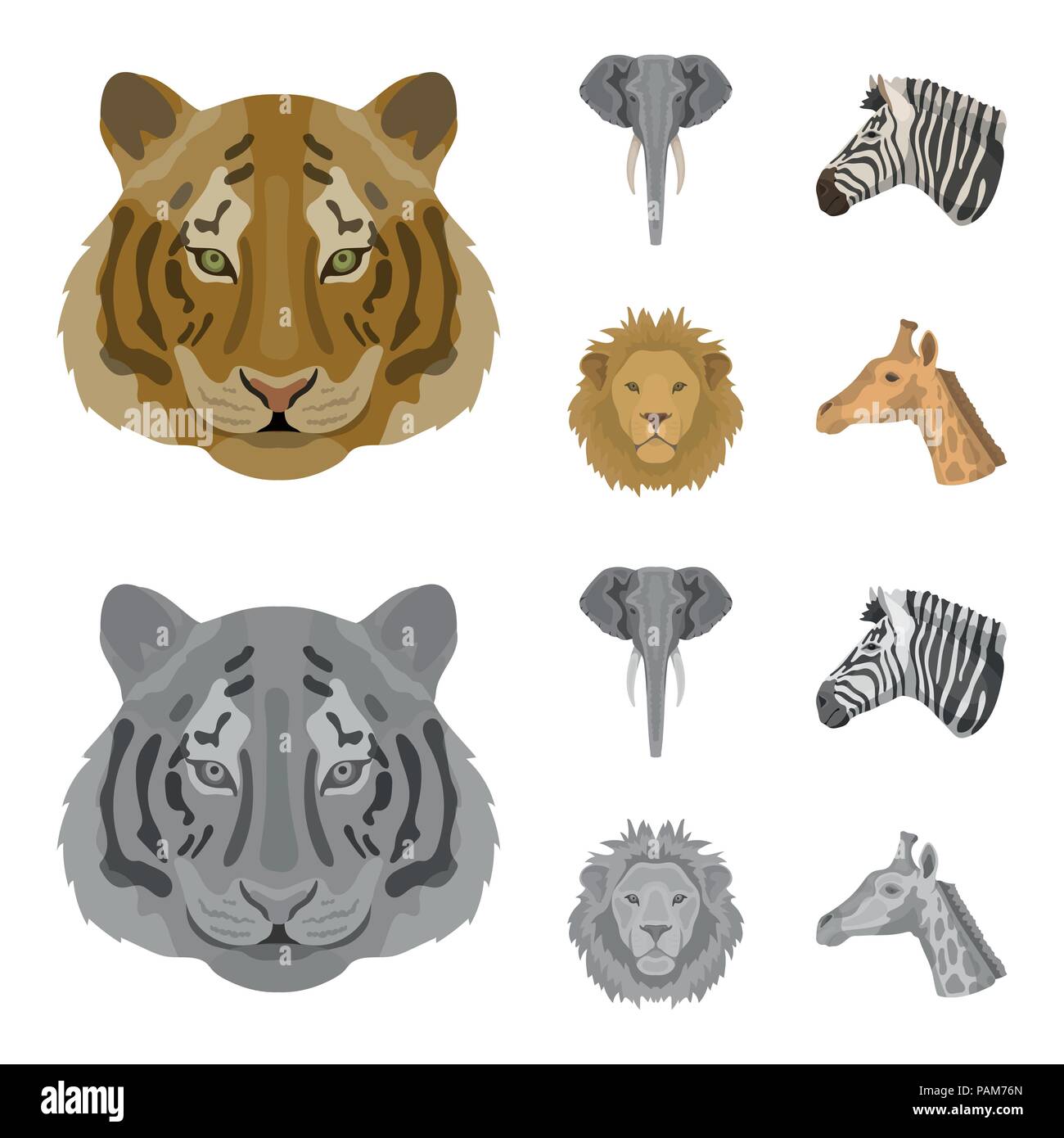 Tiger, lion, elephant, zebra, Realistic animals set collection icons in ...