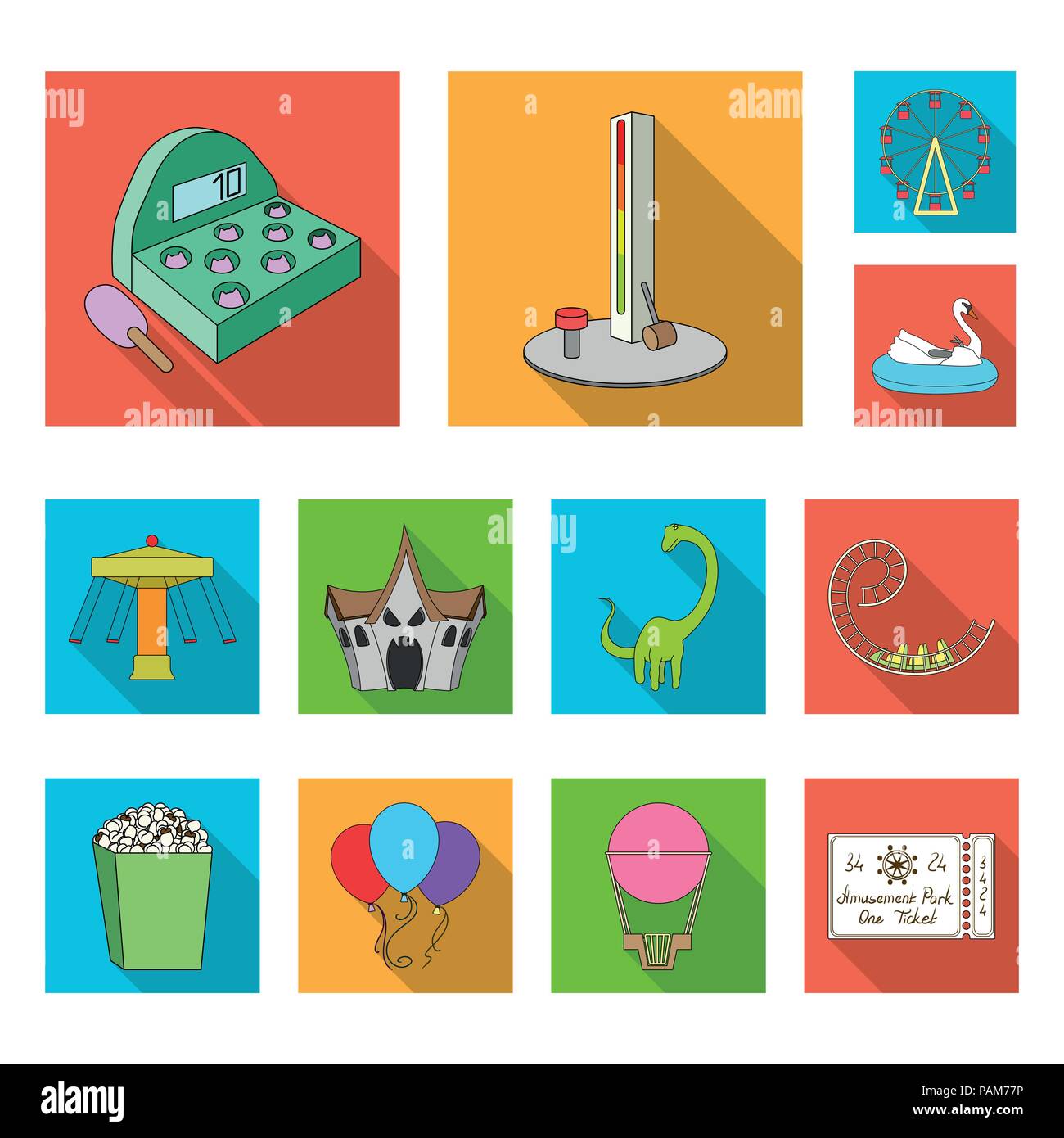 Amusement park flat icons in set collection for design. Equipment and attractions vector symbol ...