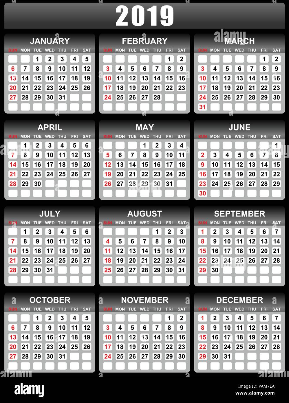 Vector calendar for 2019 year sundays in red first Stock Vector Image ...
