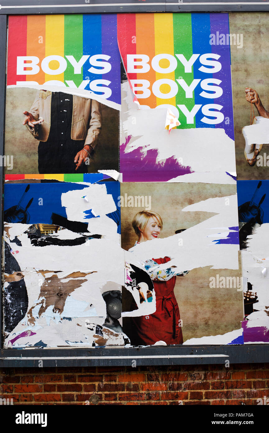 Hackney, London. Torn rainbow coloured posters for Gay website, Chappy ...
