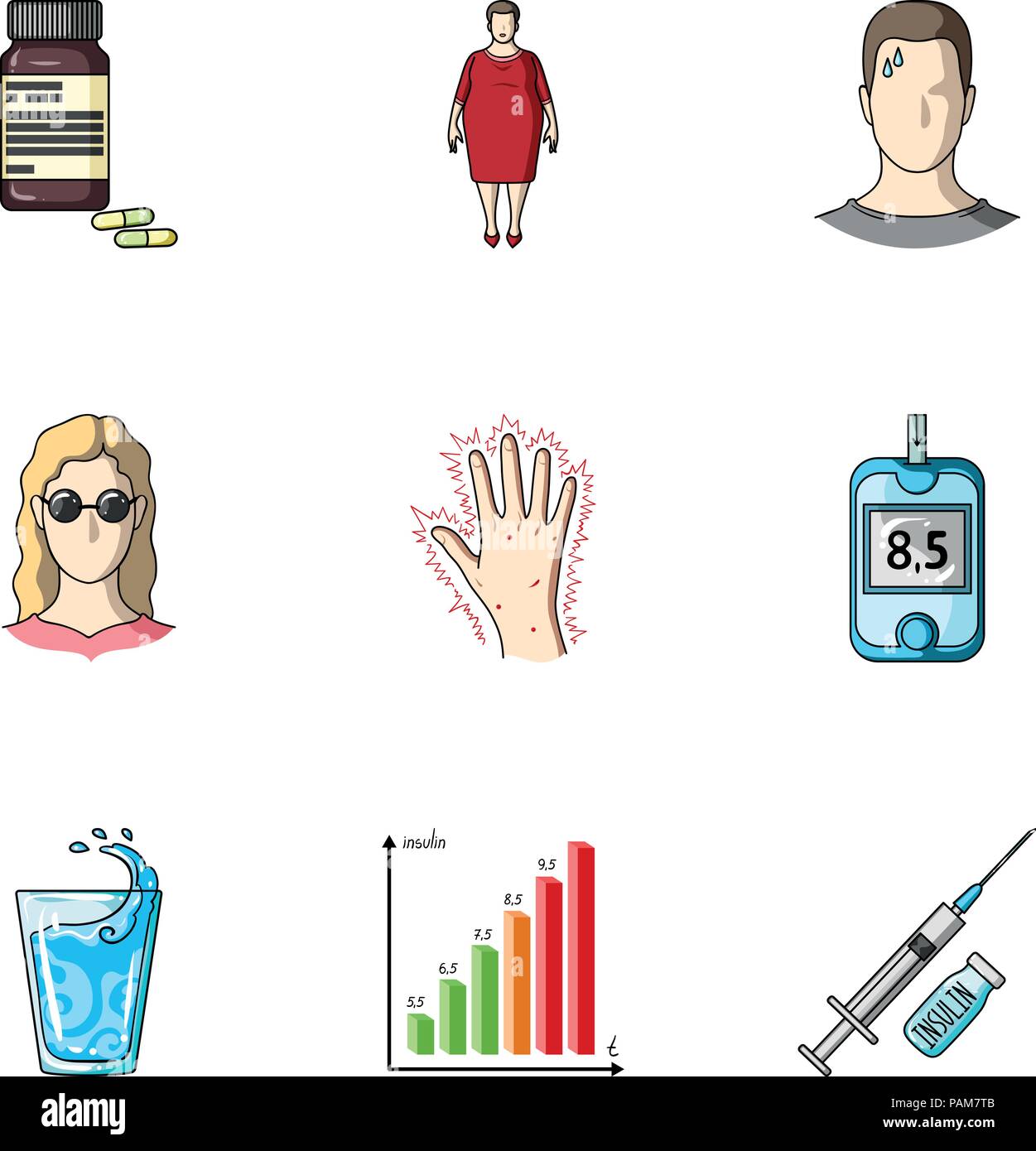 A set of icons about diabetes mellitus. Symptoms and treatment of ...