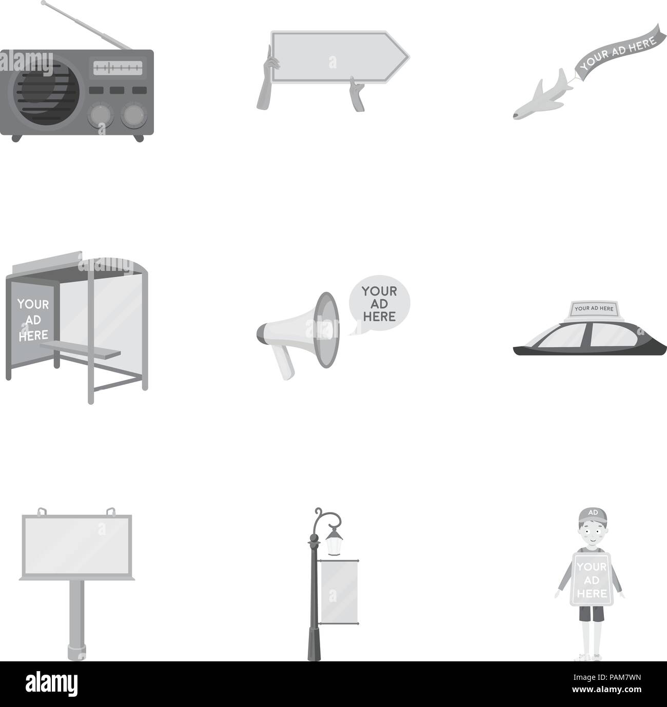 Advertising set icons in monochrome design. Big collection of ...