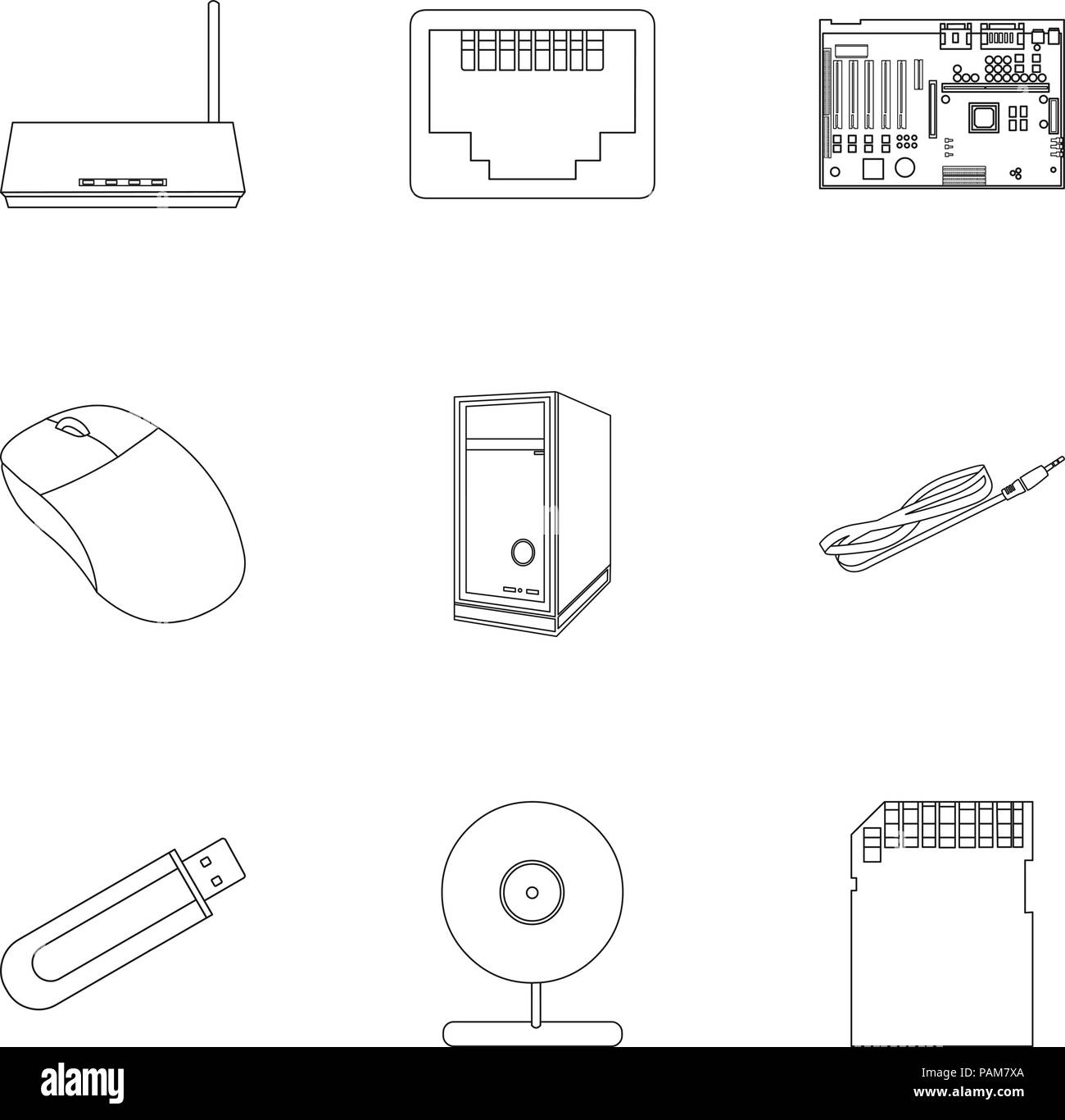 Personal computer set icons in outline style. Big collection of ...