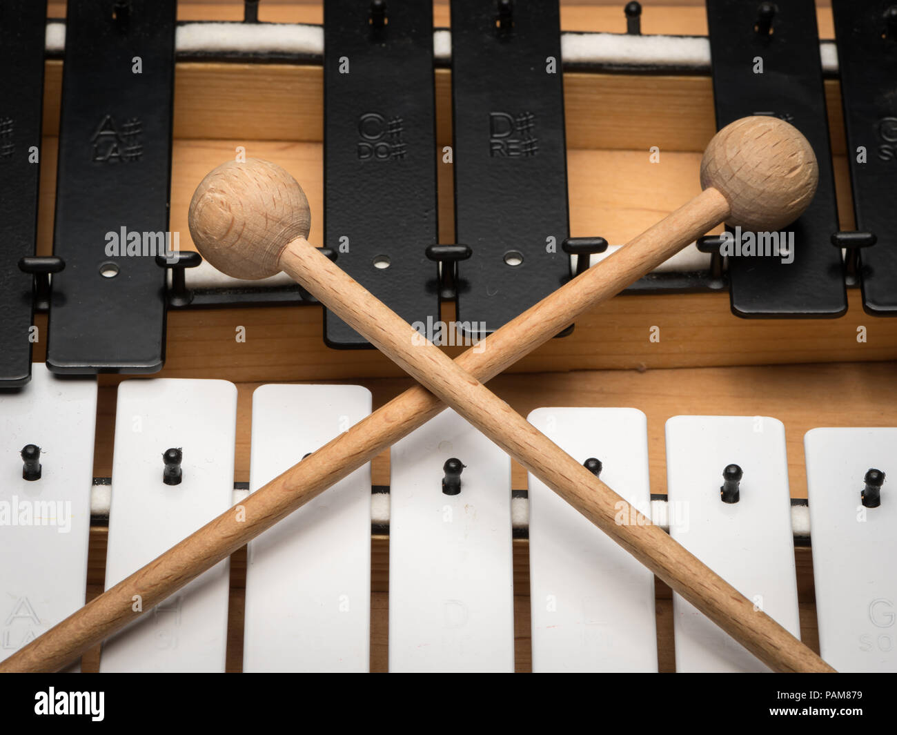 Details of a Glockenspiel with black and white keys and wooden mallets ...