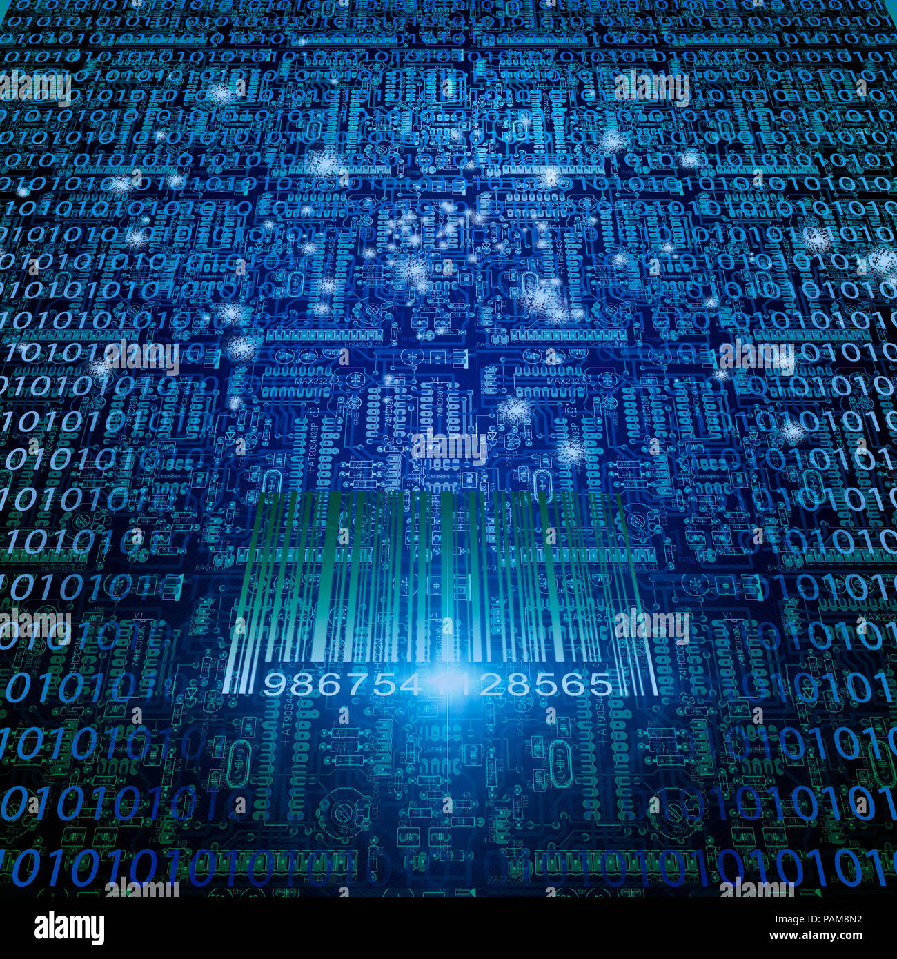 Binary code, world map and bar code Stock Photo - Alamy