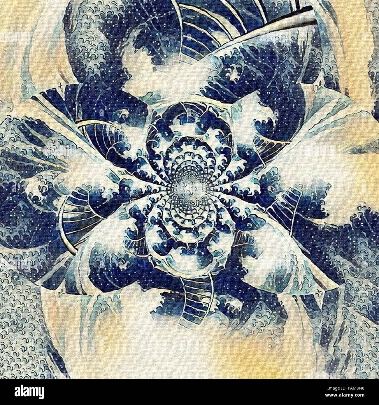 Abstract painting. Mirrored round fractal with shining light and ladder ...