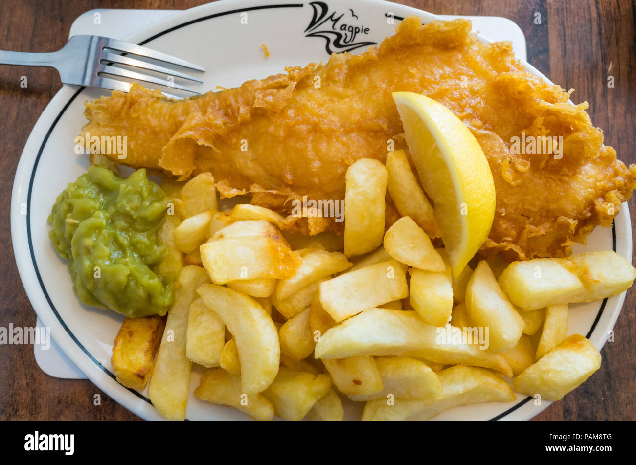 Magpie Cafe Whitby small Haddock and Chips with mushy peas Stock Photo ...