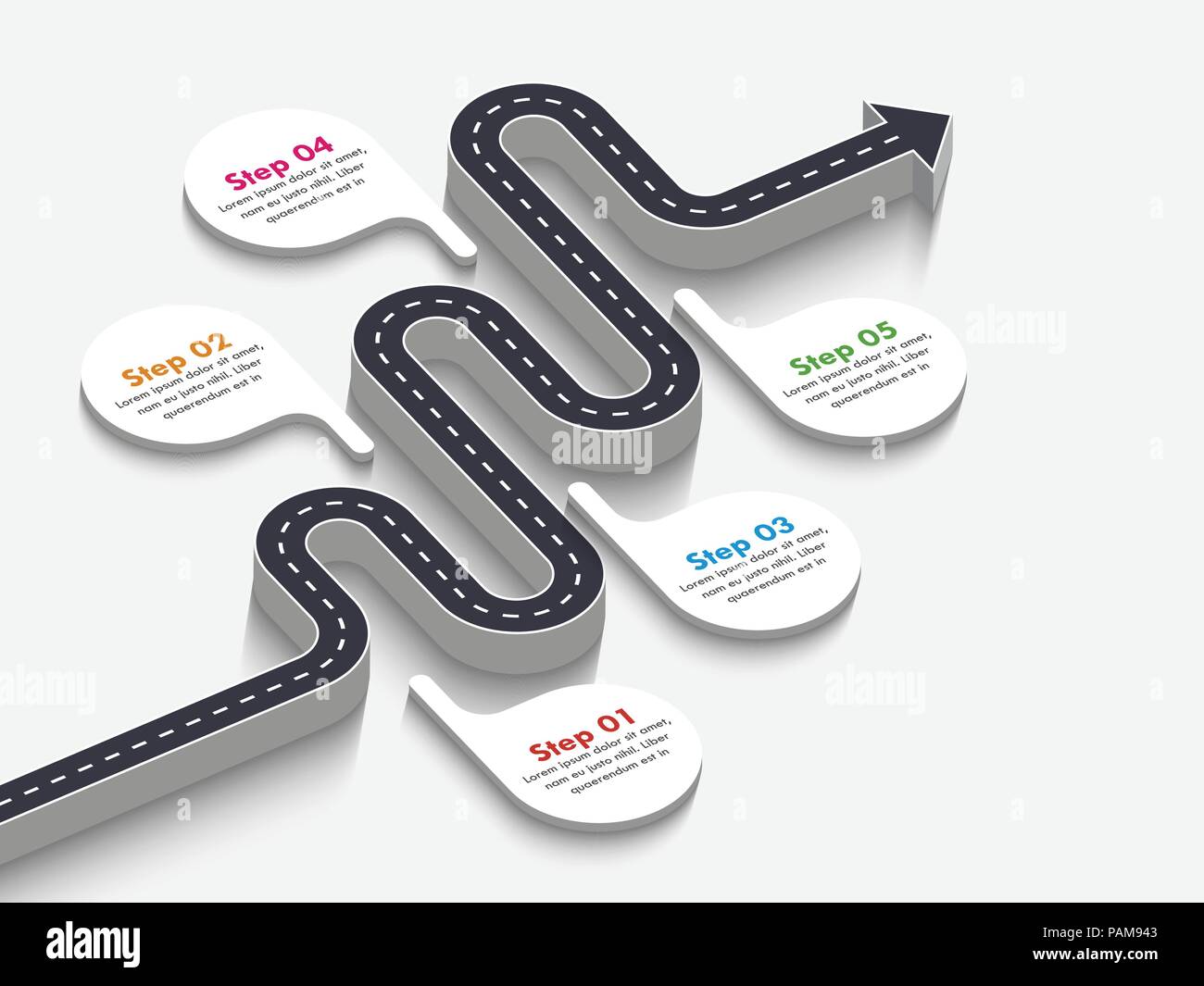 Road way location infographic template with a phased structure. Winding ...