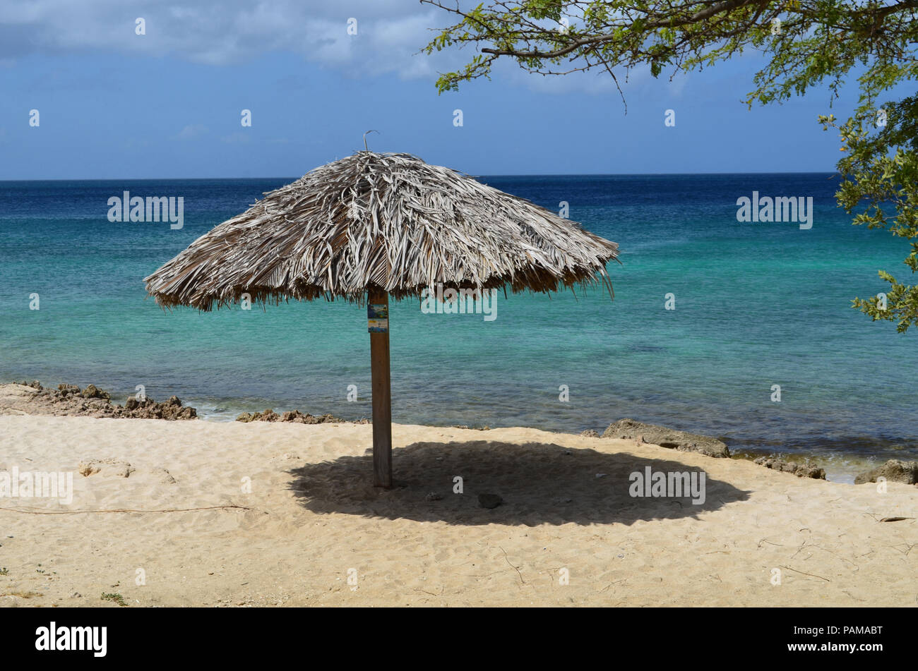 Palapas deserted on a beach in Aruba Stock Photo - Alamy
