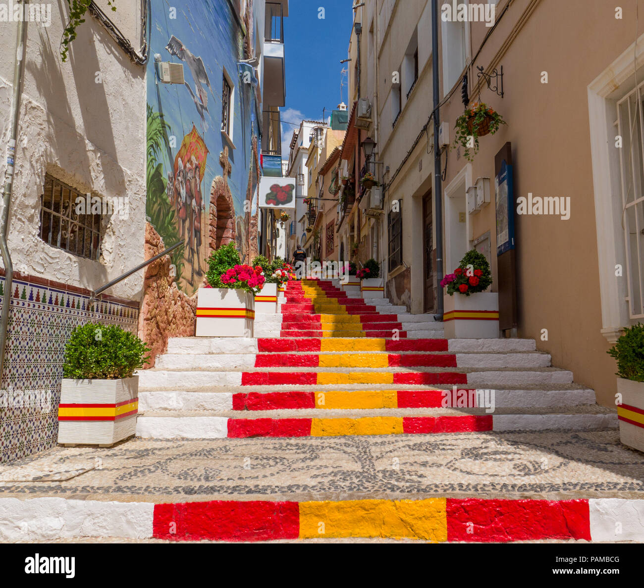 steps painted with the colors of the Spanish flag in the old quarter of ...