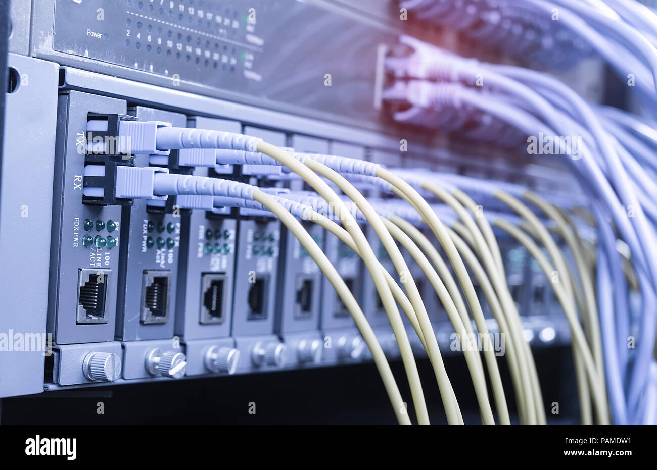 Fiber Optic cables connected to optic ports and UTP, Network cables ...