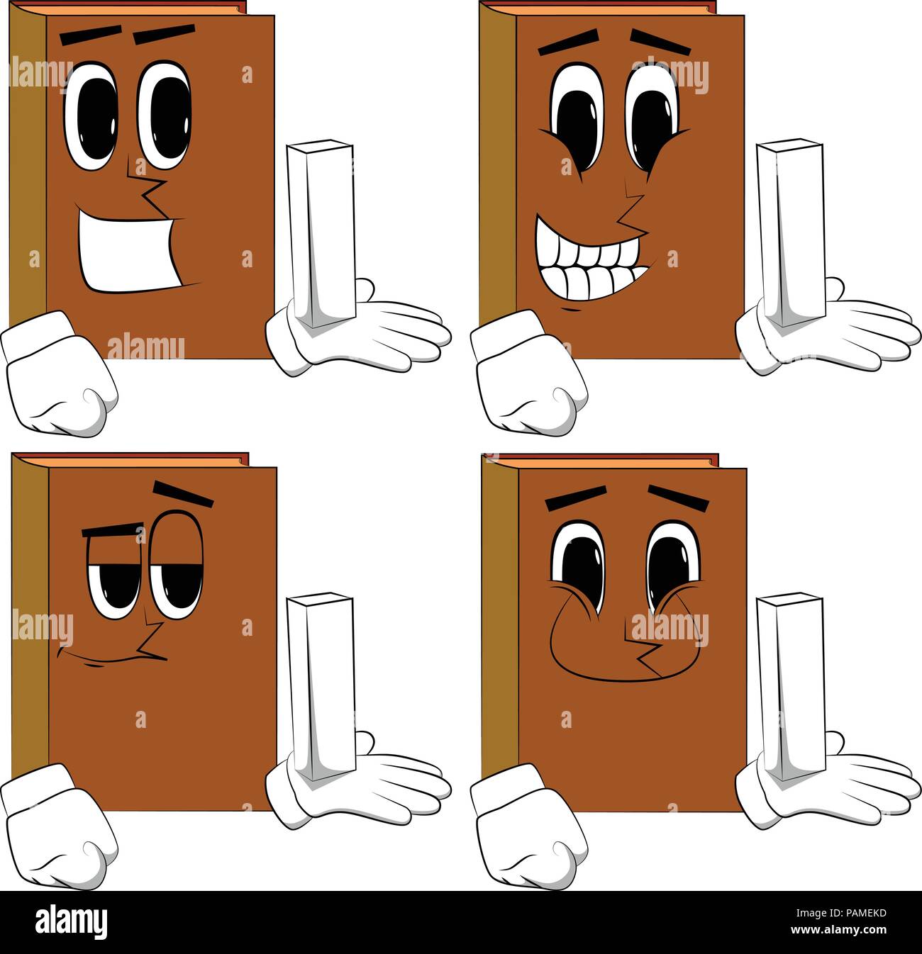 Books holding white tall box. Cartoon book collection with happy faces ...