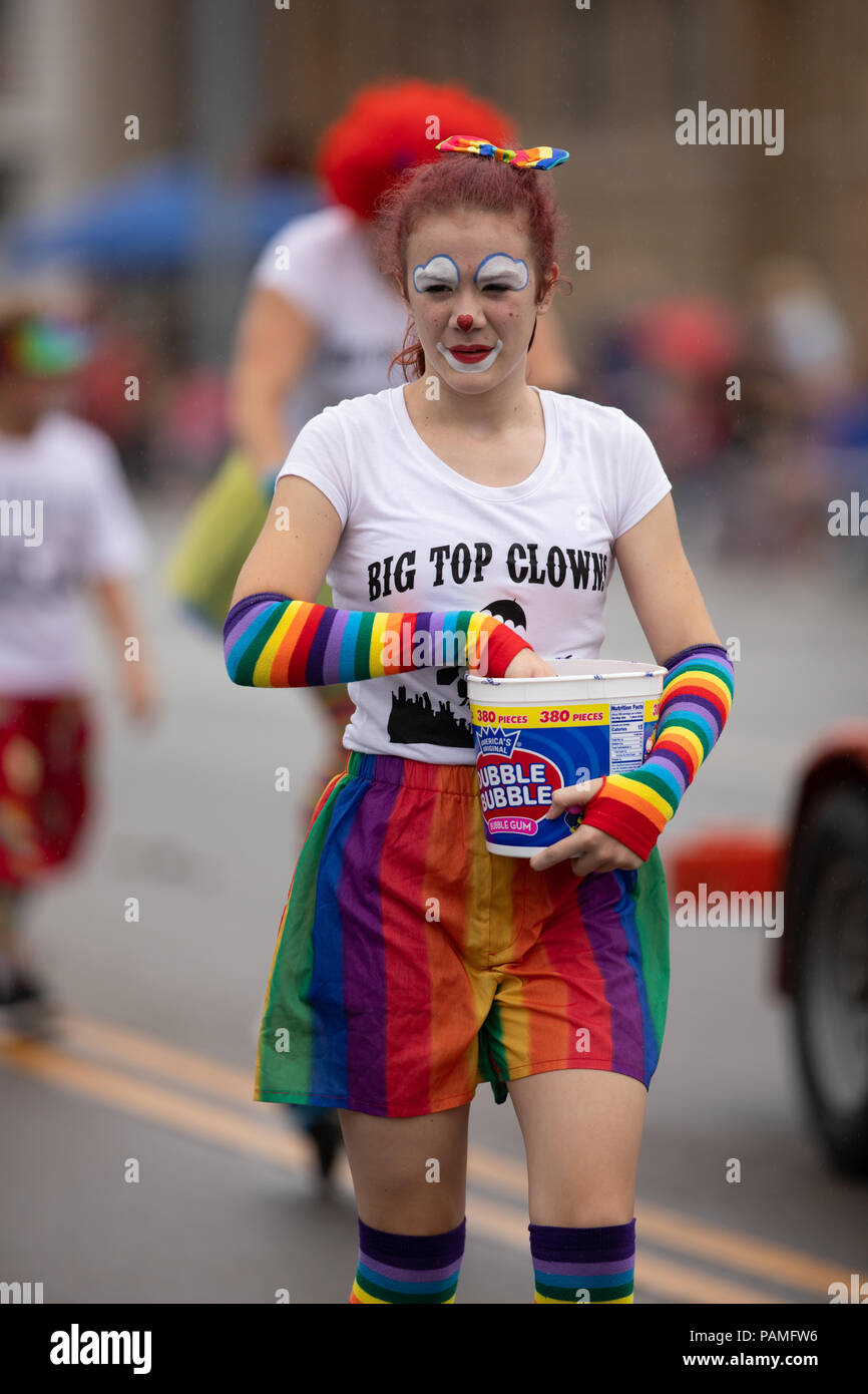 Peru, Indiana, USA - July 21, 2018 Men women and children dress up as ...