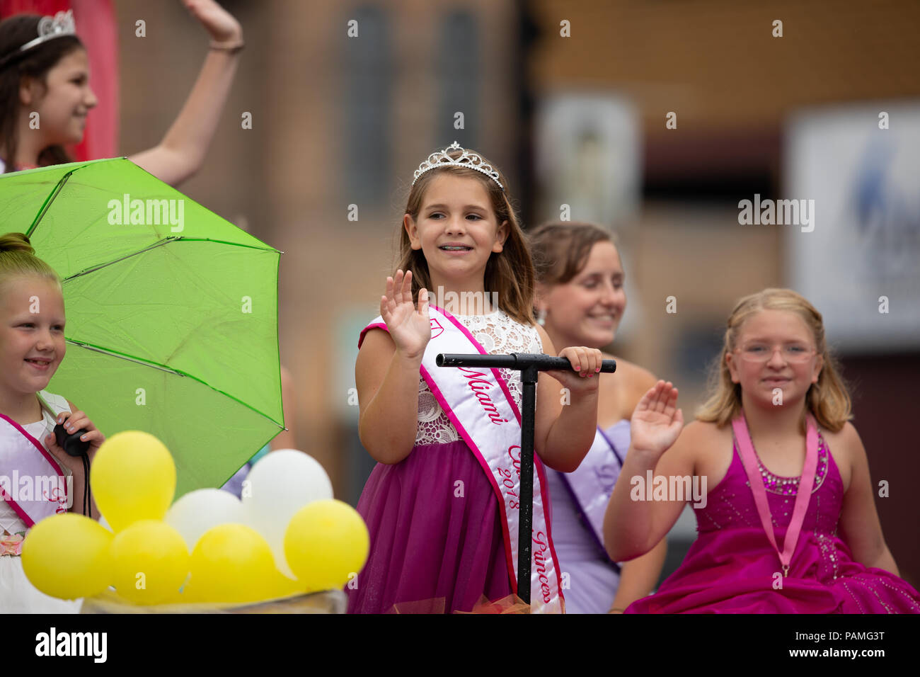 Peru, Indiana, USA - July 21, 2018 The Beauty queens going down the ...