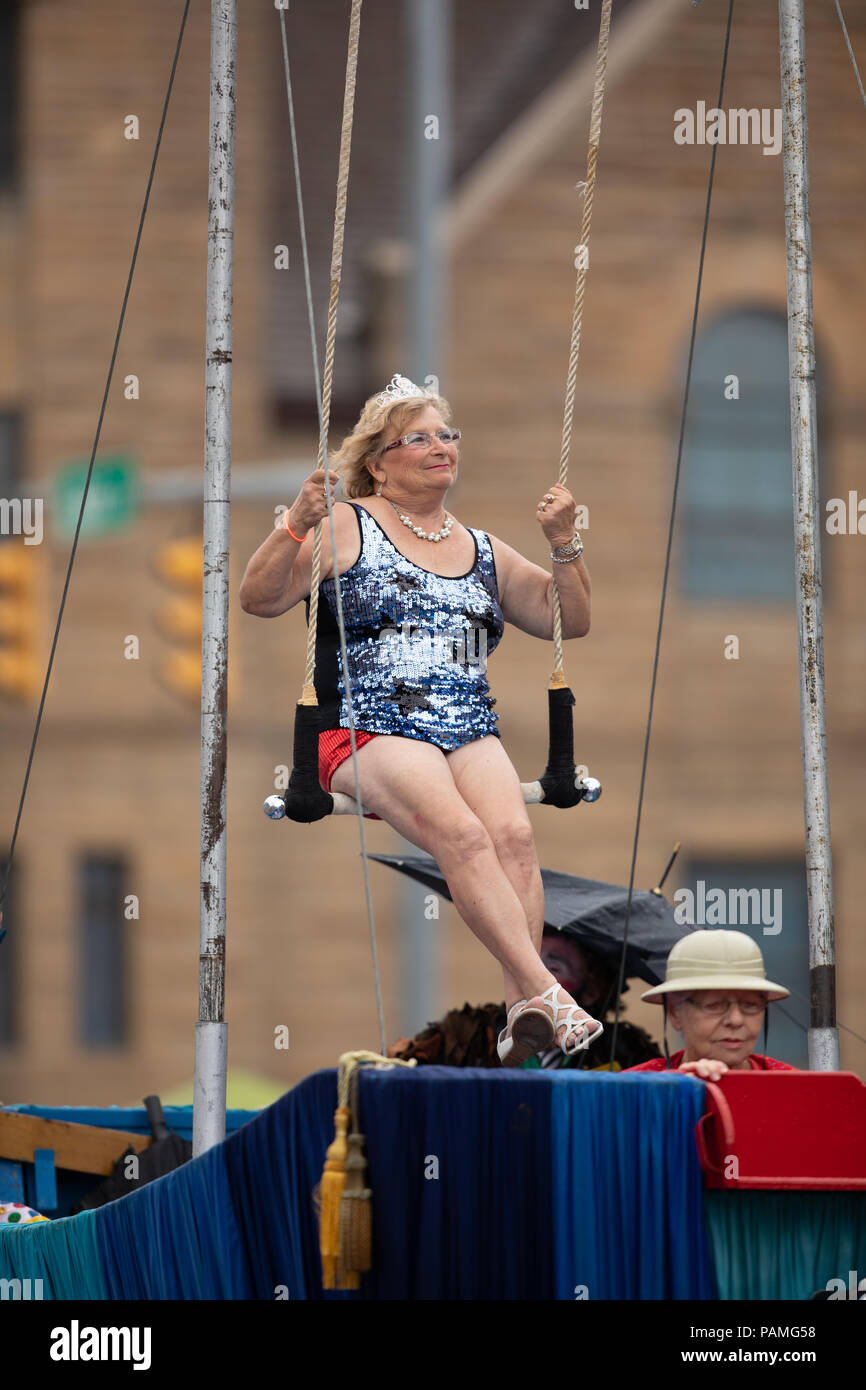 Peru, Indiana, USA - July 21, 2018 Older woman wearing circus outfit on ...