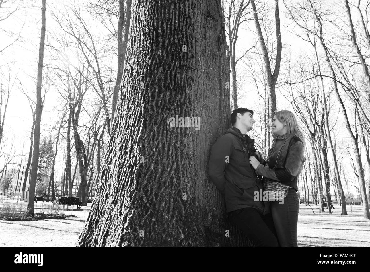 A beautiful loving couple smiling and kissing a large tree in the park ...