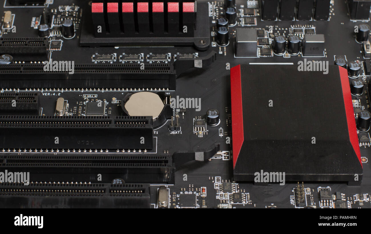 Computer motherboard with a view of parts and components Stock Photo ...