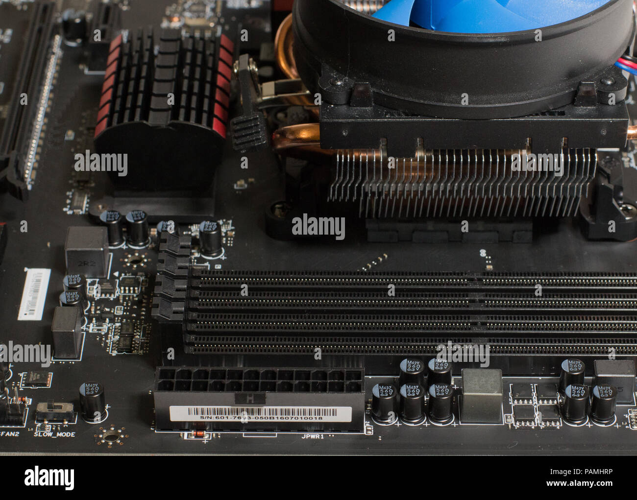 Computer motherboard with a view of parts and components Stock Photo ...