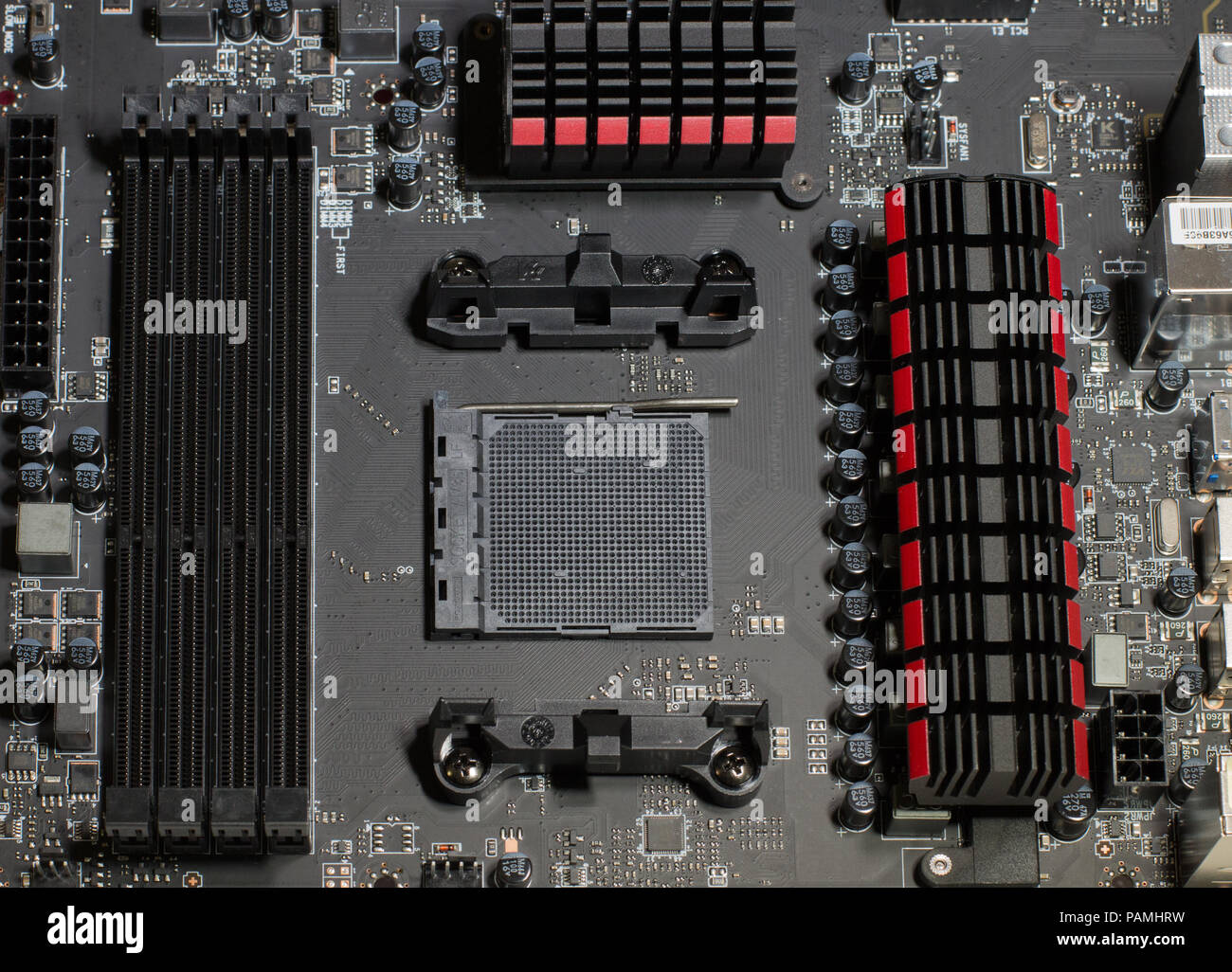 Computer motherboard with a view of parts and components Stock Photo ...