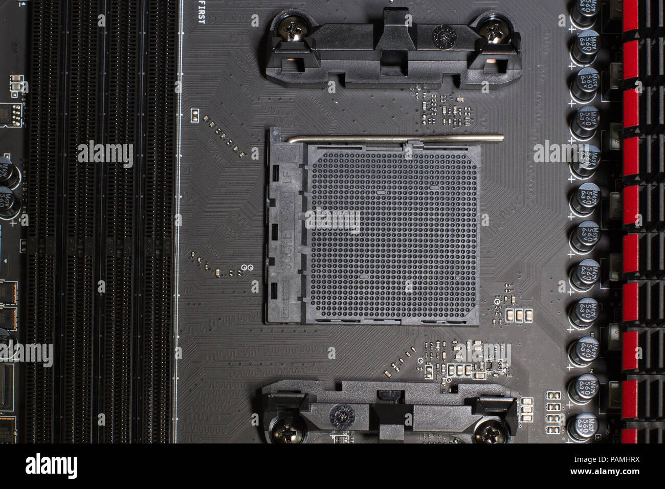 Computer motherboard with a view of parts and components Stock Photo ...