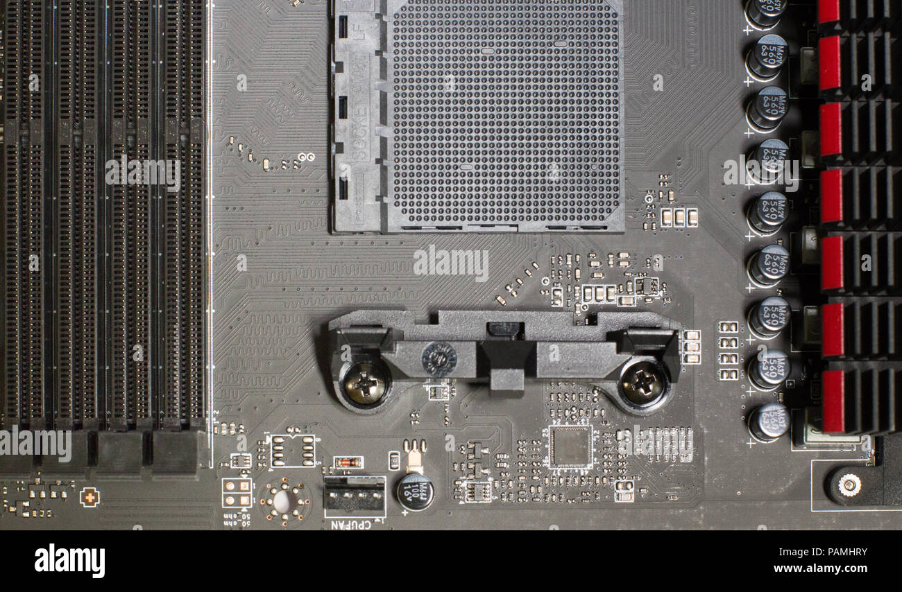 Computer motherboard with a view of parts and components Stock Photo ...