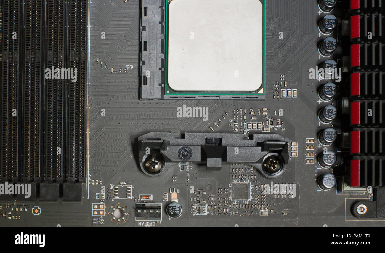 Computer motherboard with a view of parts and components Stock Photo ...