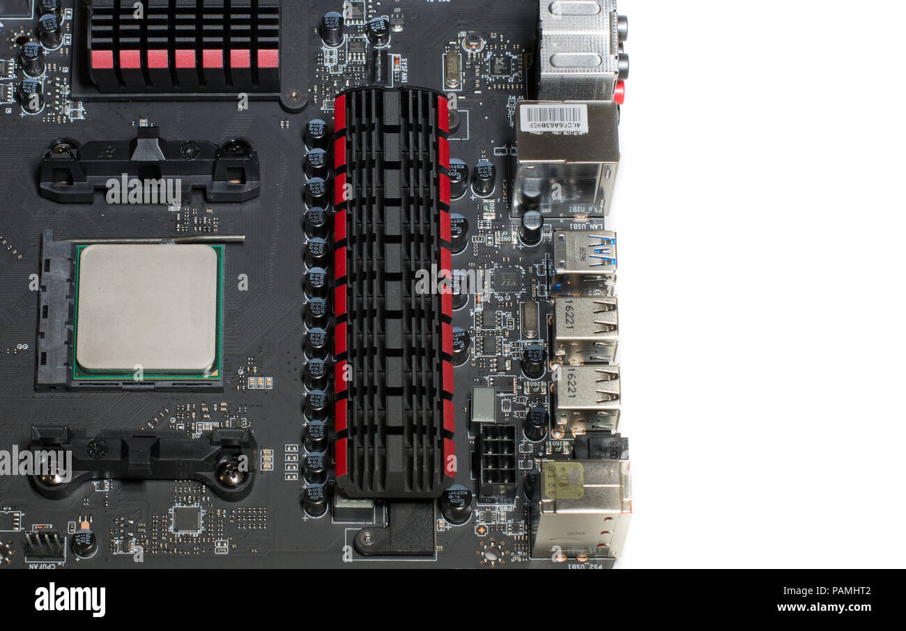 Computer motherboard with a view of parts and components Stock Photo ...