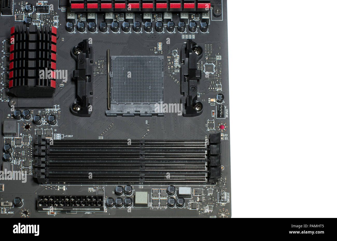 Computer motherboard with a view of parts and components Stock Photo ...